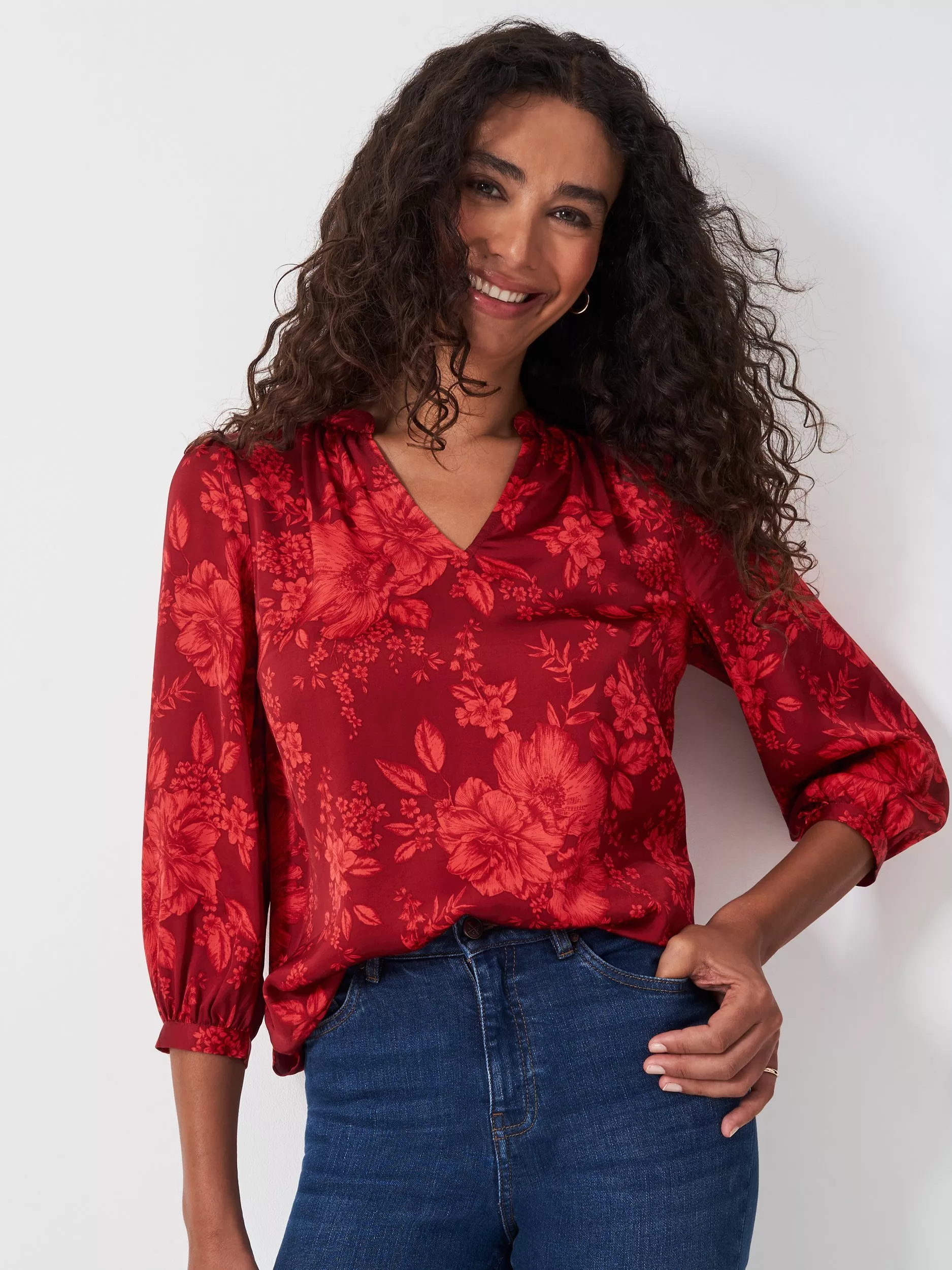 Crew Clothing Hope Floral Satin Top, Berry Red