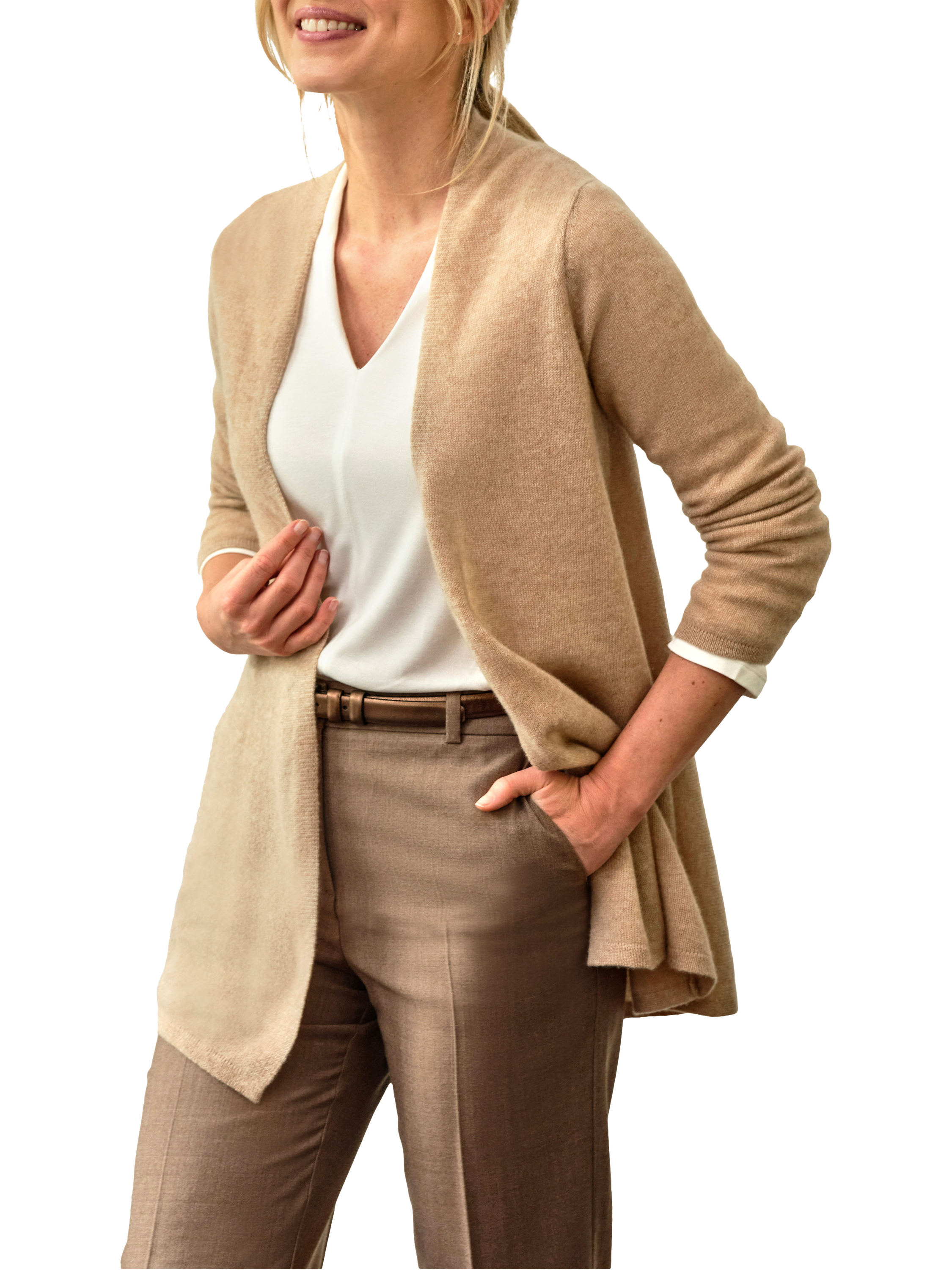Pure Collection Open Neck Swing Cashmere Cardigan, Camel