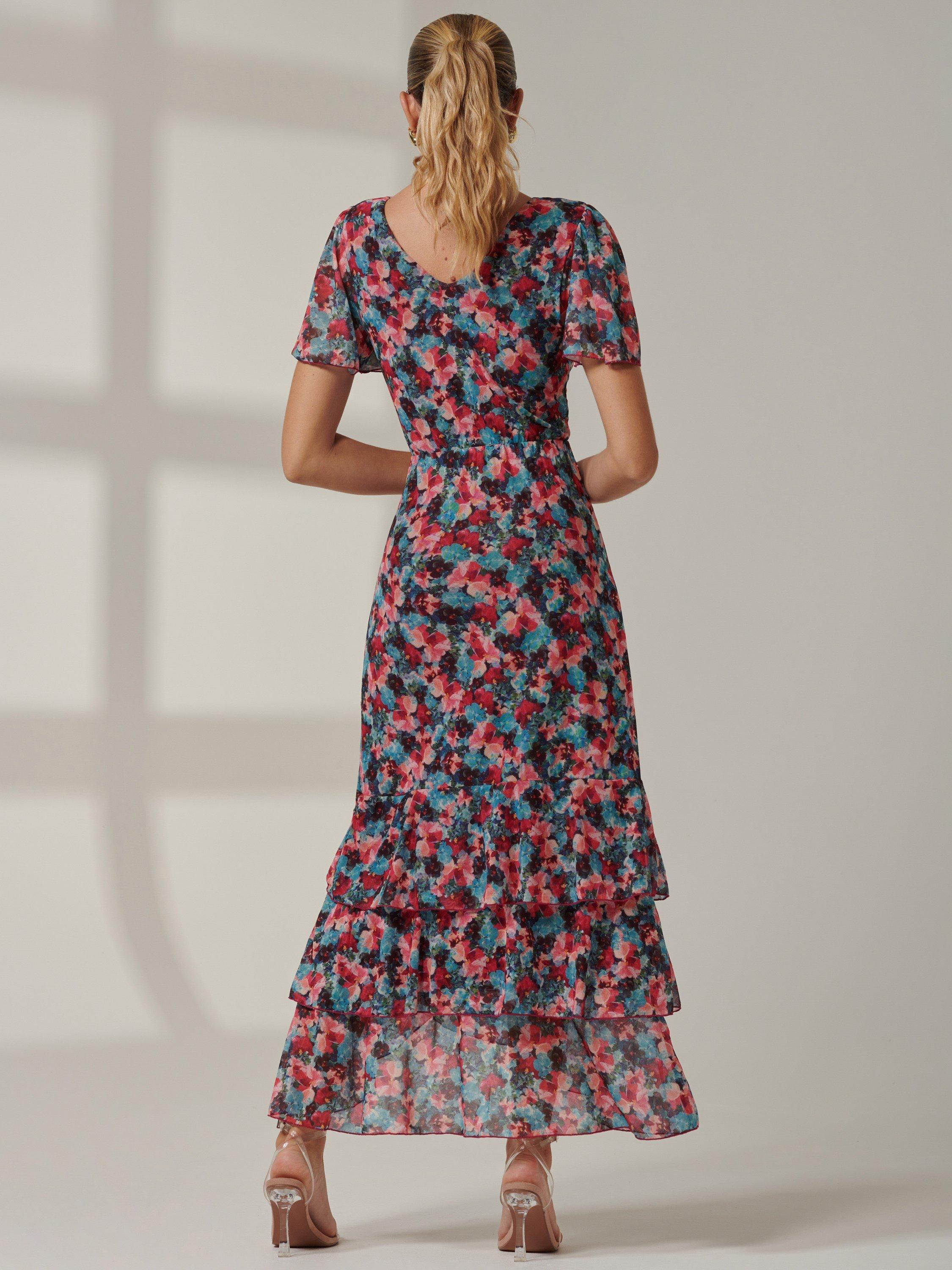 Jolie Moi Floral Angel Sleeve Tiered Maxi Dress Teal Multi