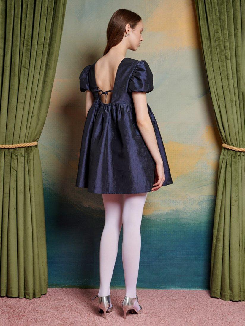 Sister Jane Pointe Puff Shoulder Taffeta Mini Dress, Navy