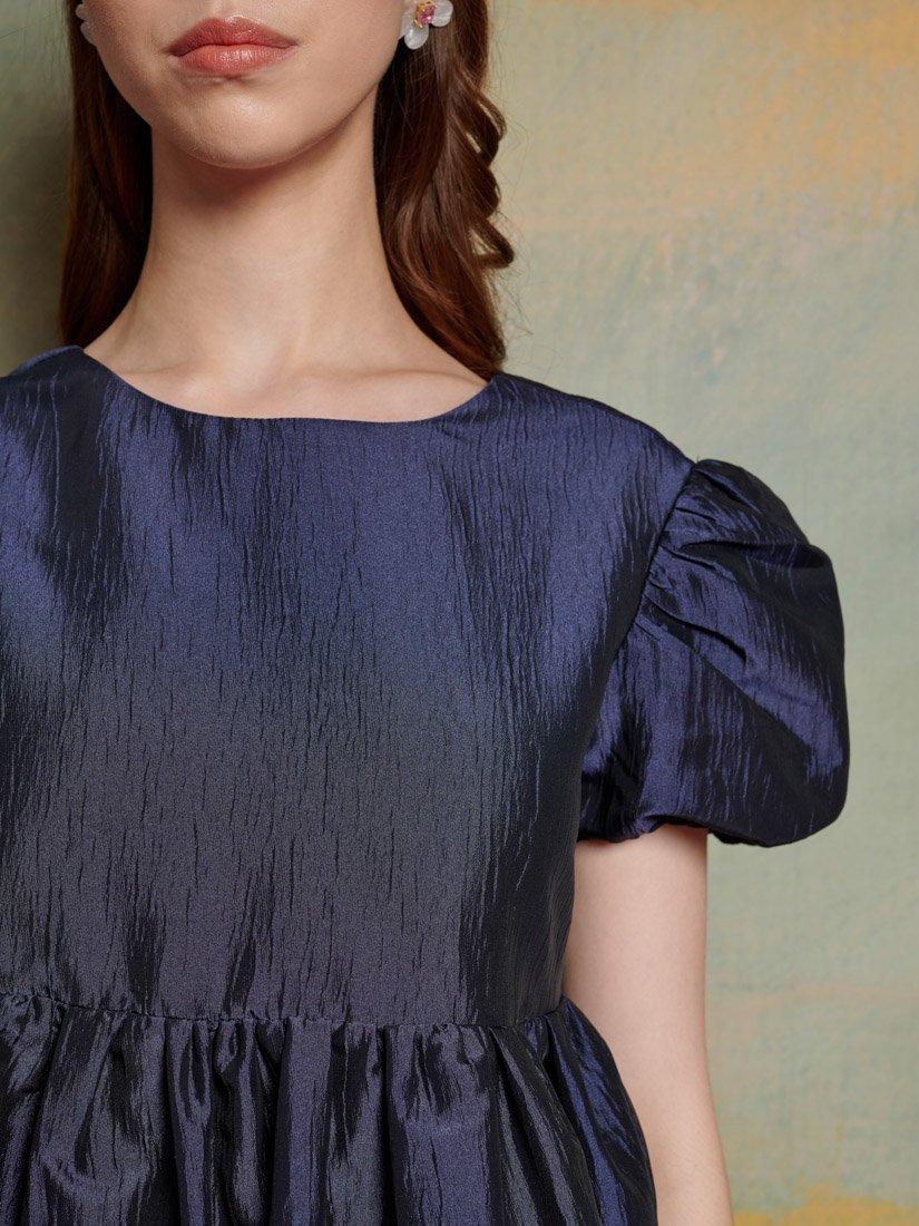 Sister Jane Pointe Puff Shoulder Taffeta Mini Dress, Navy