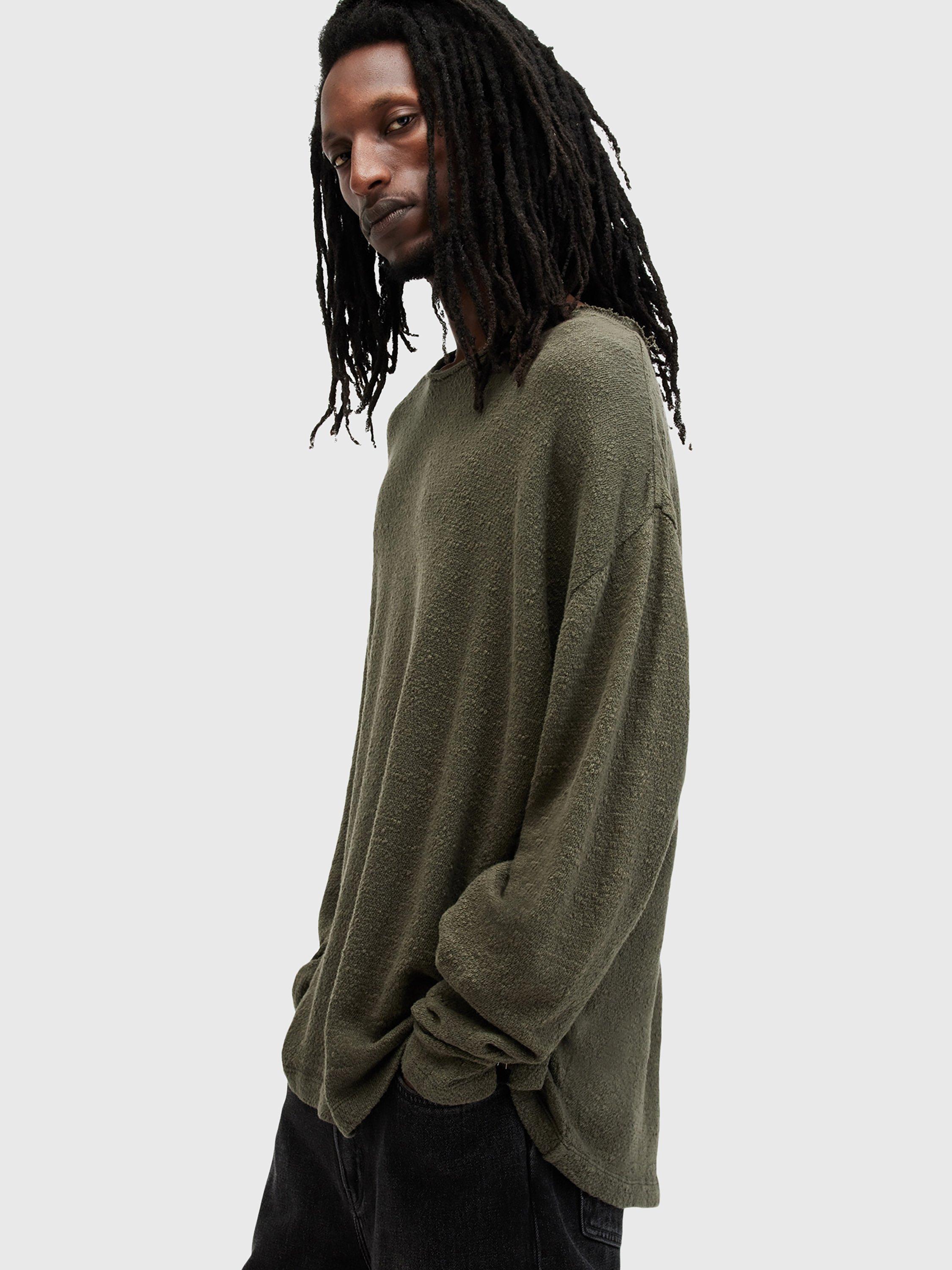 AllSaints Sears Round Neck Oversized Cotton Jumper, Green Mid