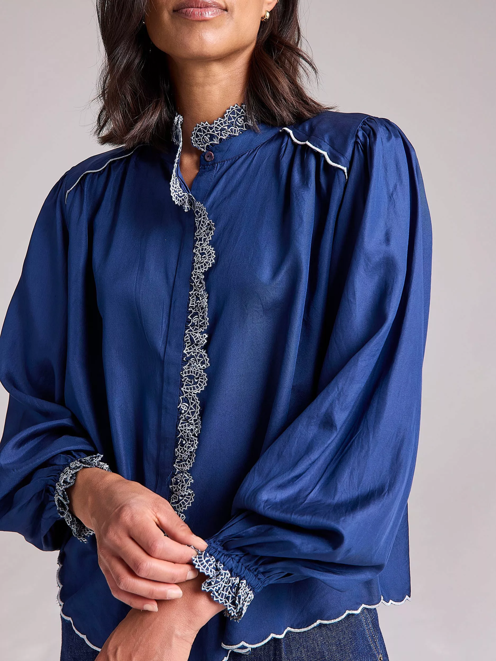 Cape Cove Ruffle Silk Top, Navy