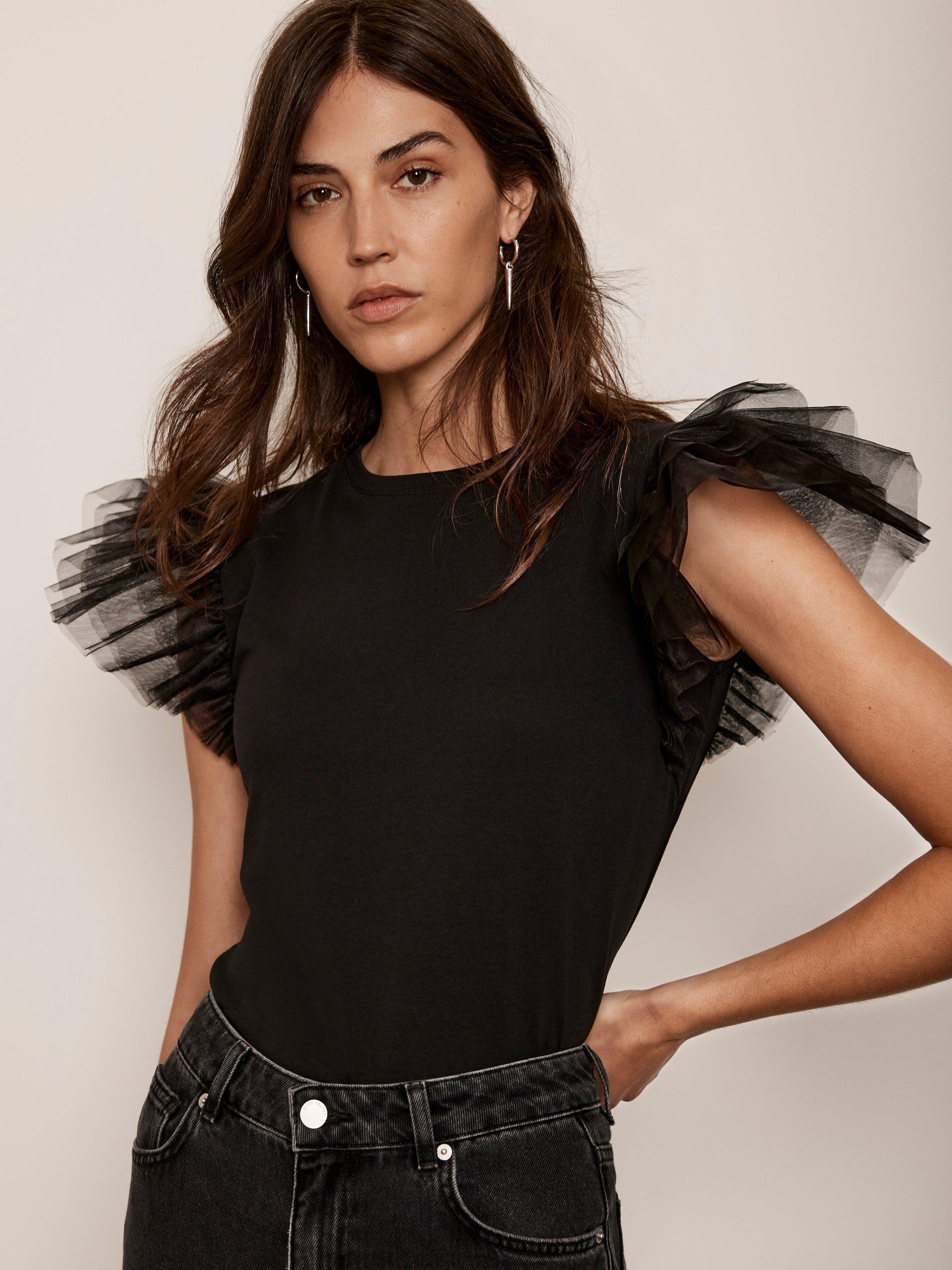 Mint Velvet Organza Sleeve T-Shirt, Black
