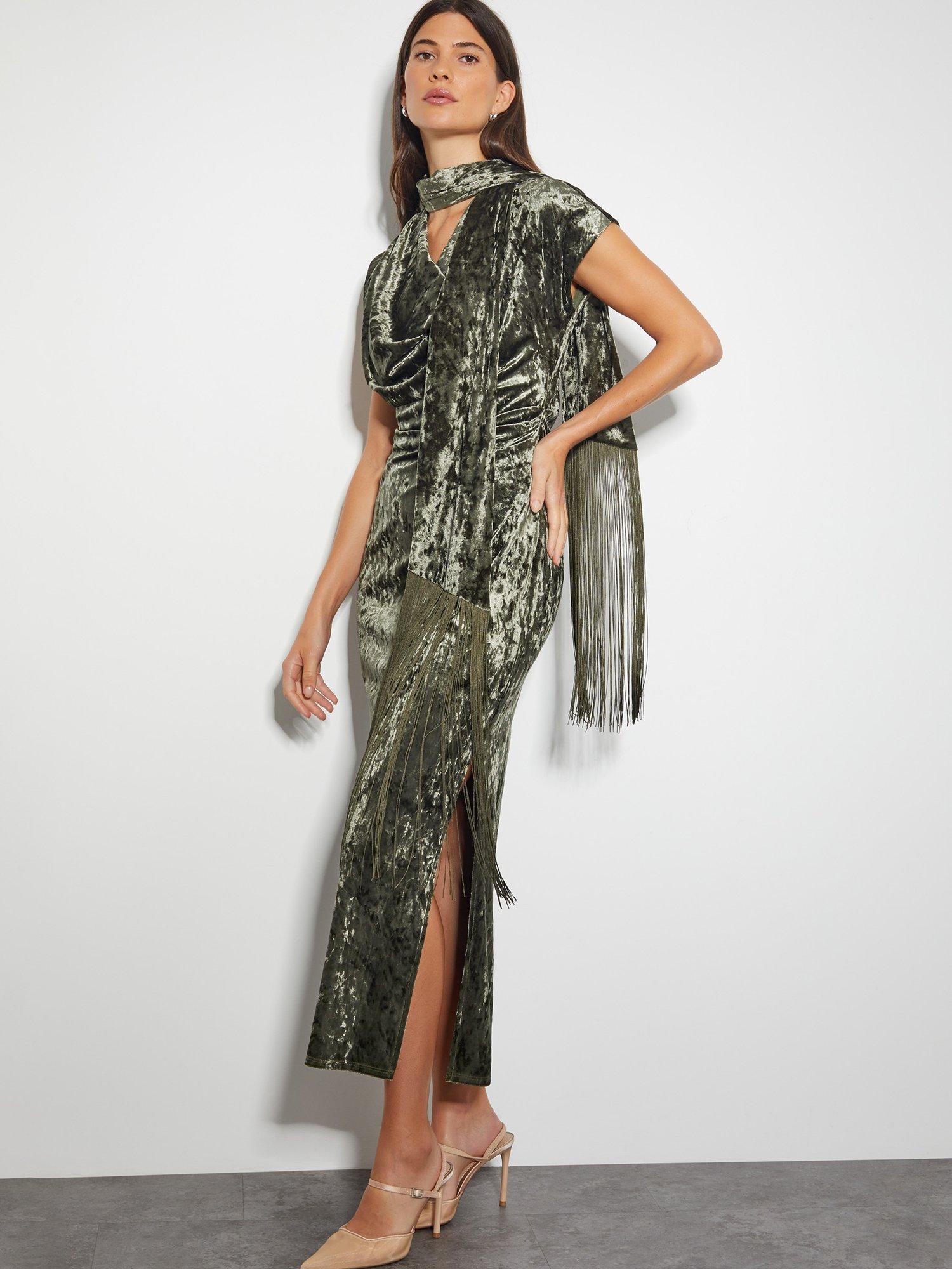 Monsoon Cece Crushed Velvet Cowl Neck Dress, Green