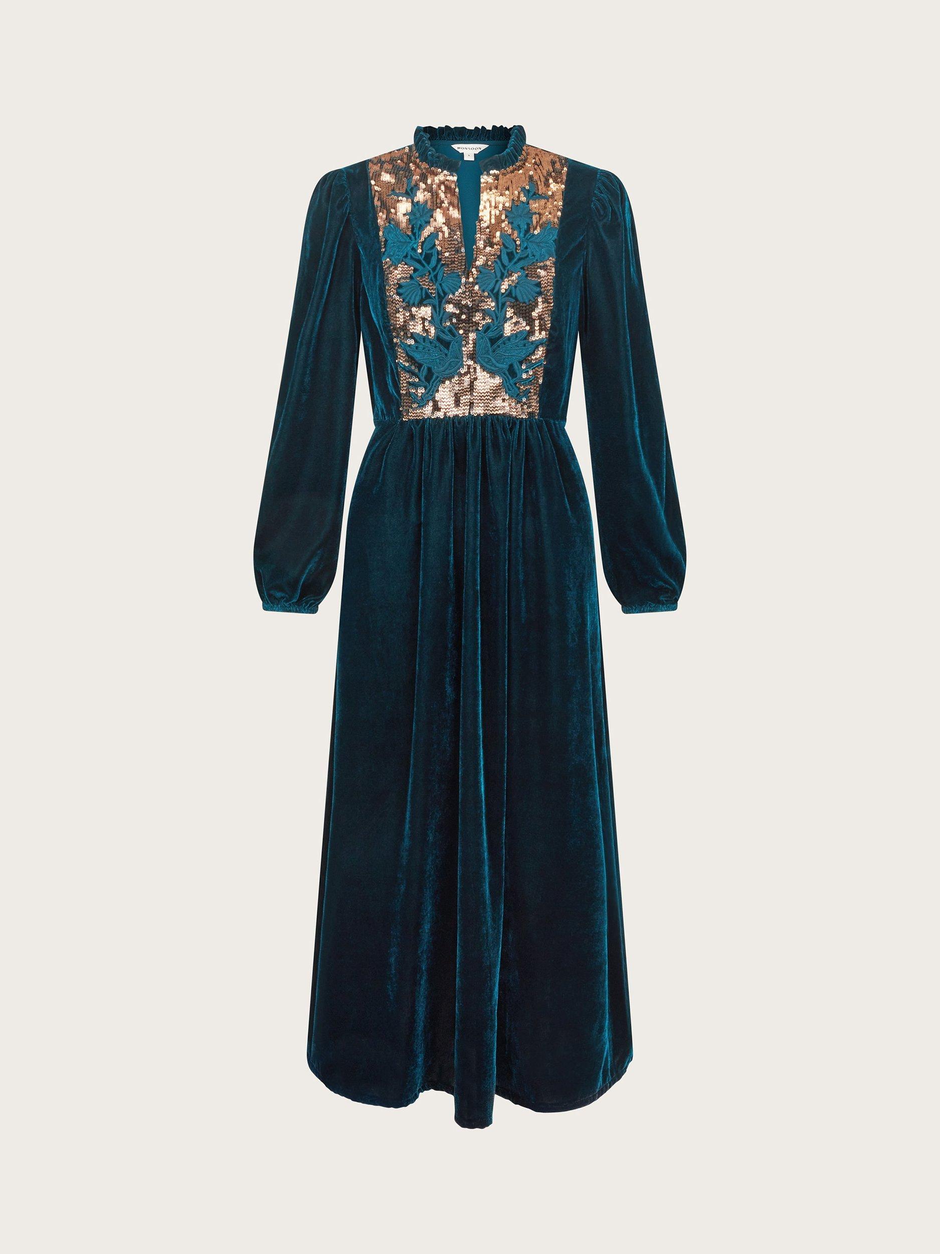 Monsoon Lisa Velvet Dress Peacock