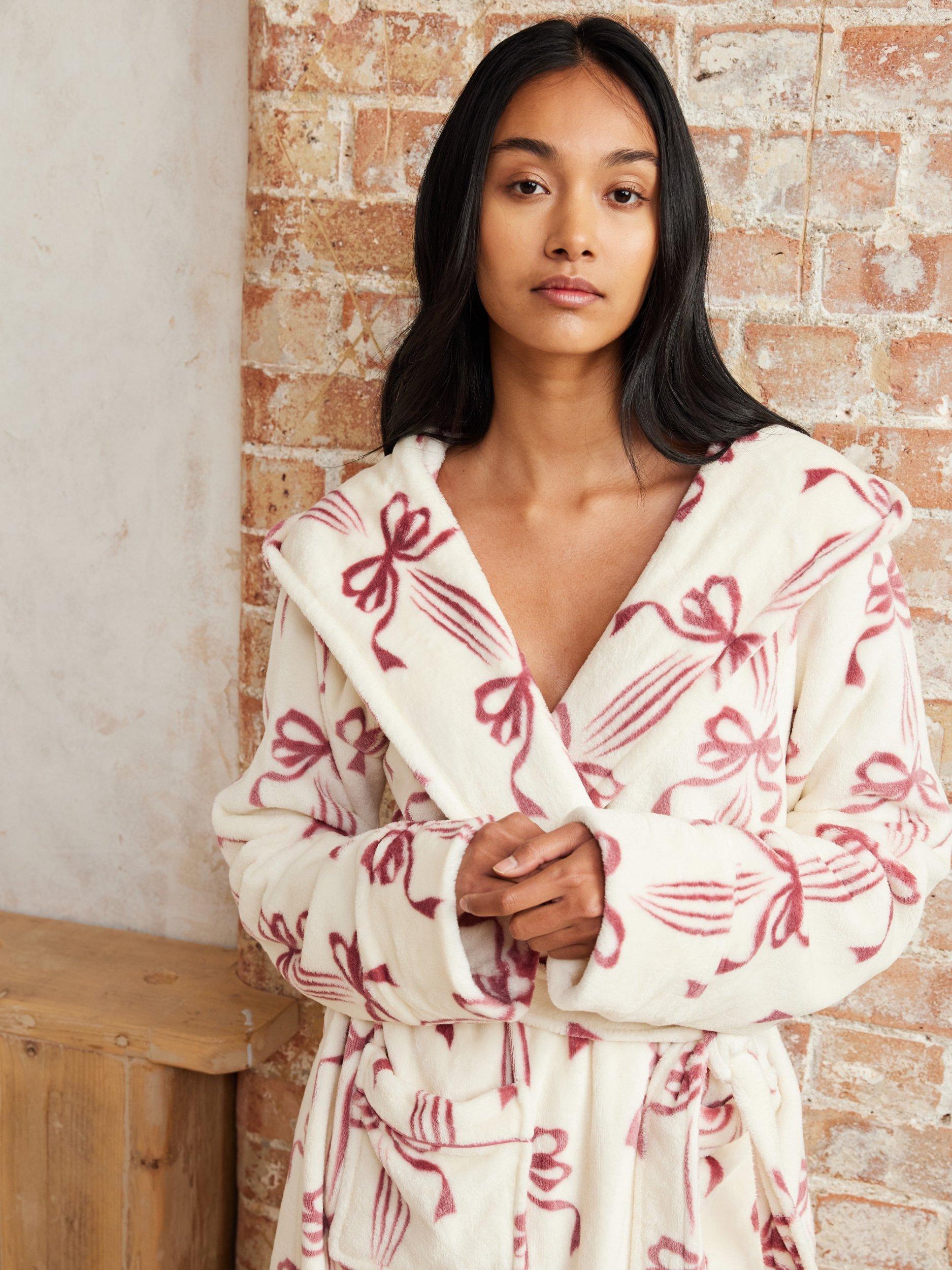 Chelsea Peers Christmas Ribbon Fleece Dressing Gown, Pink/Cream