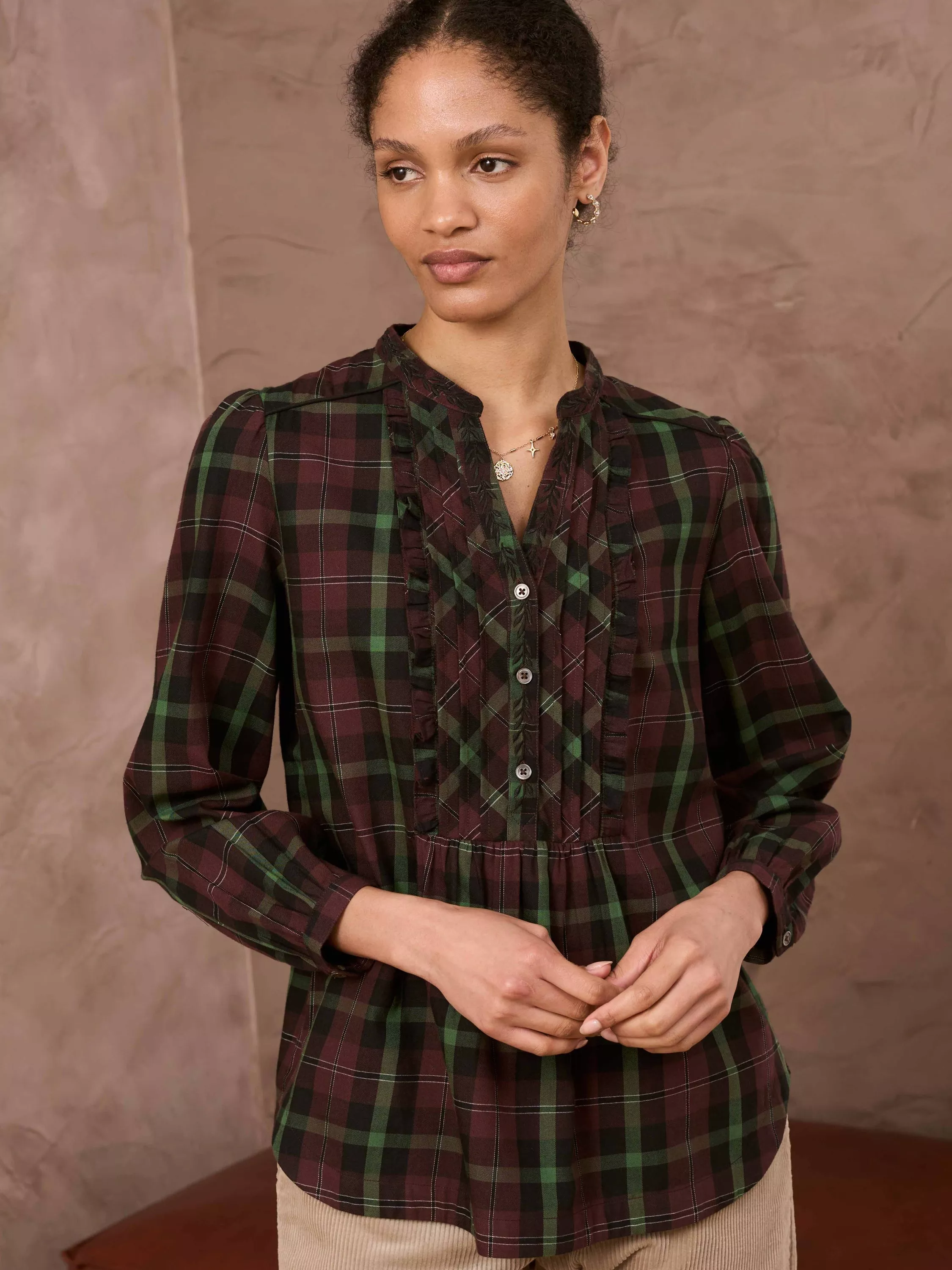 Brora Embroidered Cotton Plaid Shirt, Chocolate/Thyme