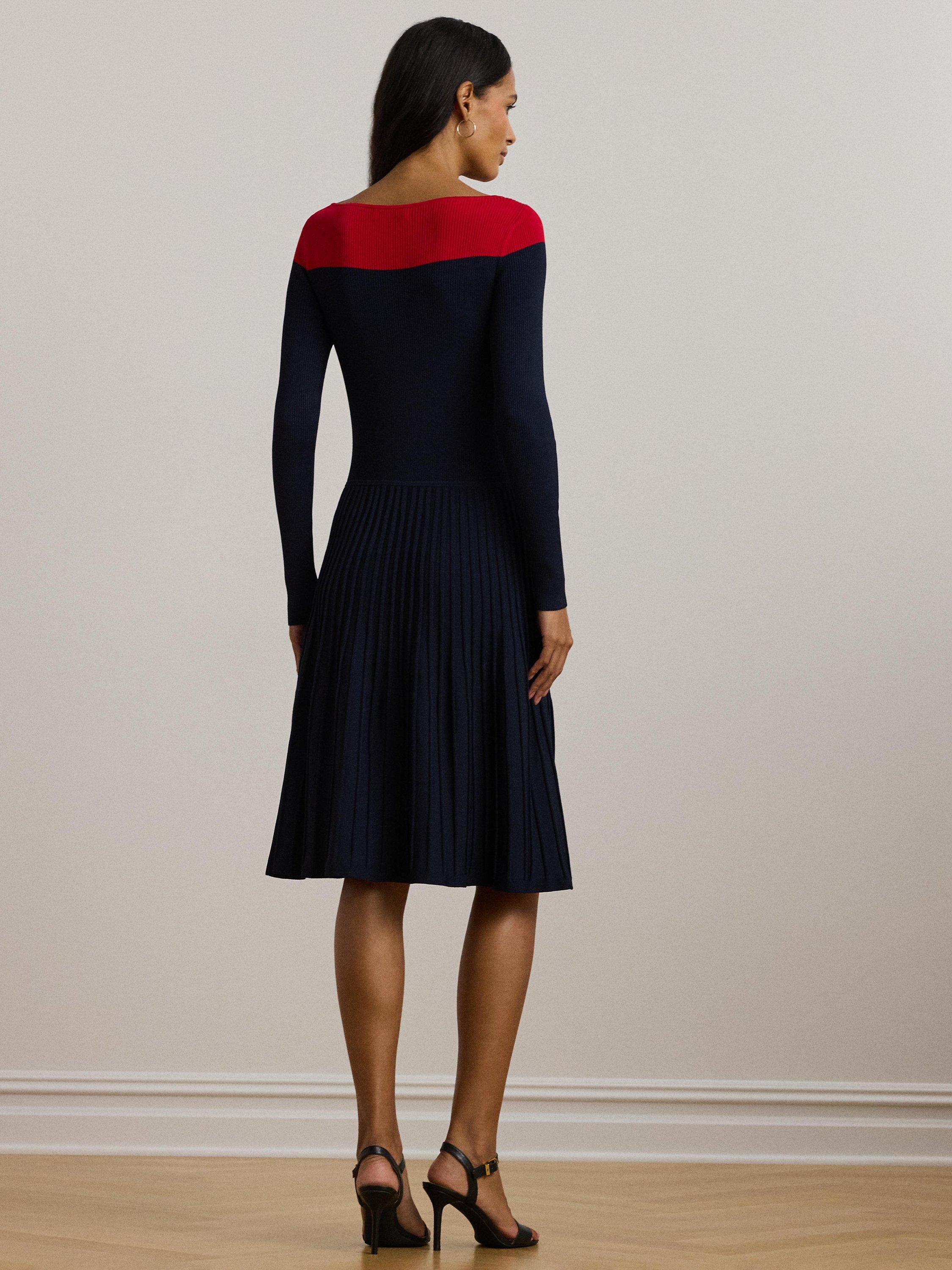 Lauren Ralph Lauren Patney Long Sleeve Midi Dress, Navy/Red, XS