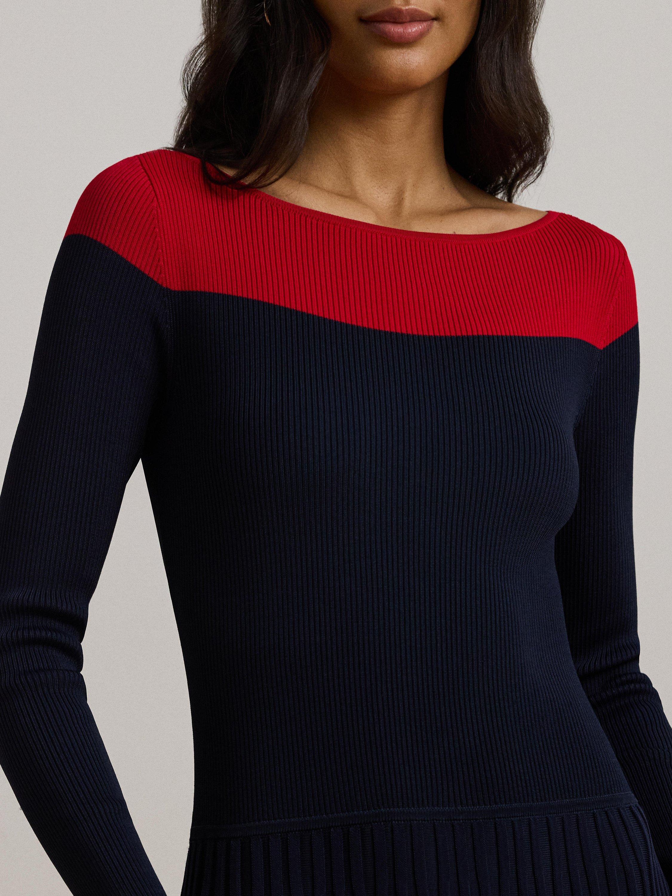 Lauren Ralph Lauren Patney Long Sleeve Midi Dress, Navy/Red, XS