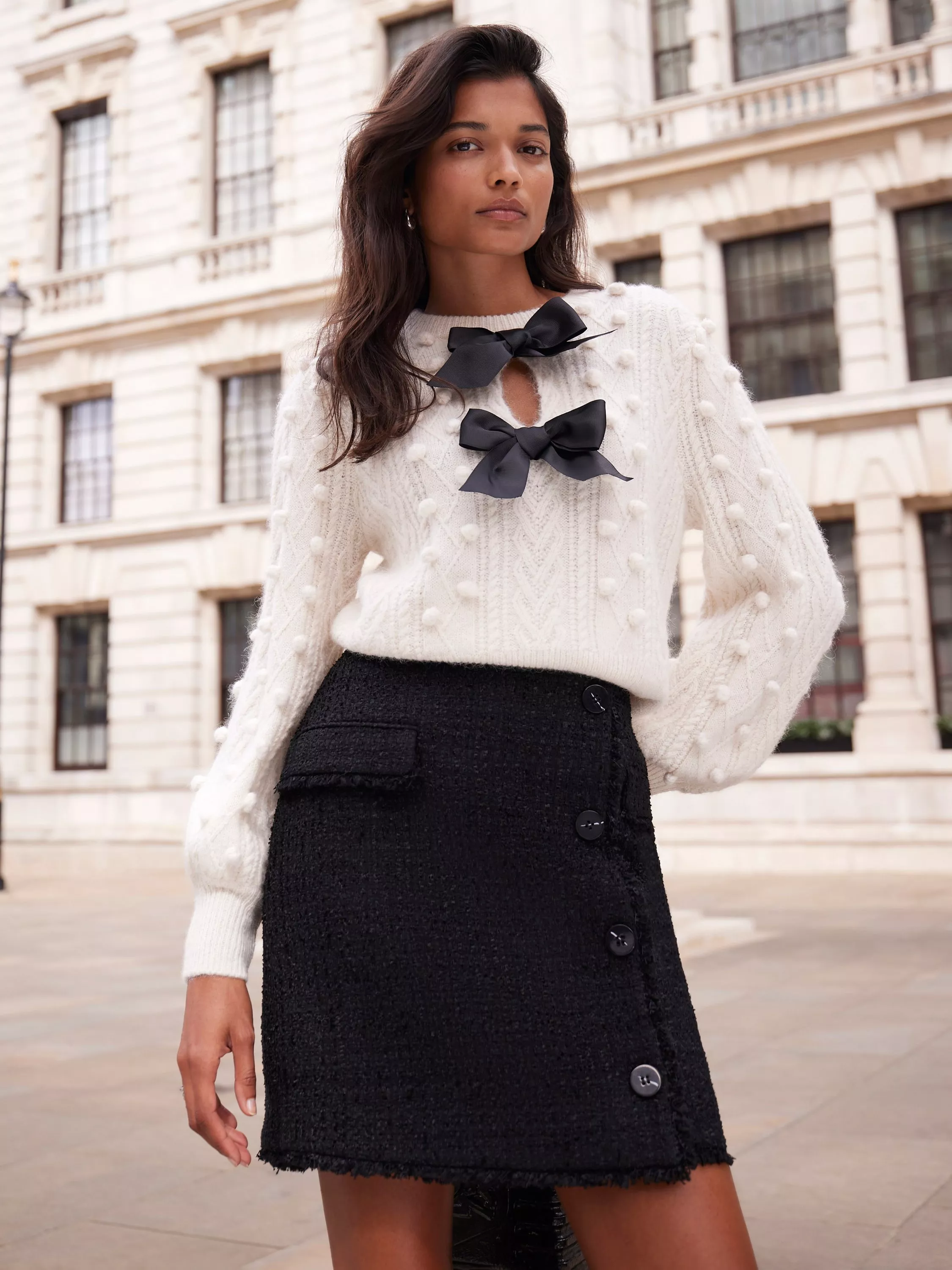 Mint Velvet Cable Knit Bow Jumper, Ivory