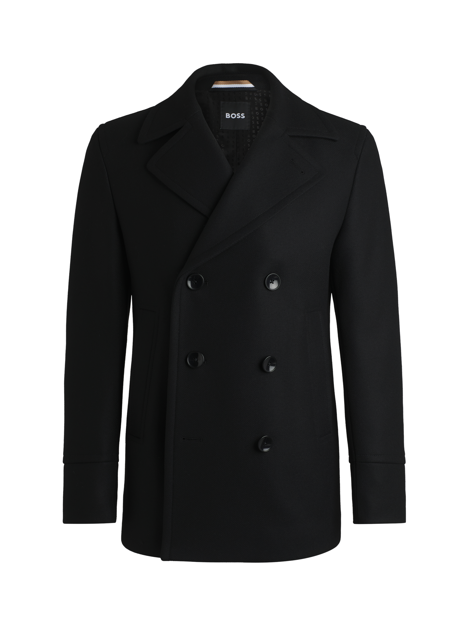 BOSS Wool Cashmere Blend Slim Fit Double Breasted Overcoat Black