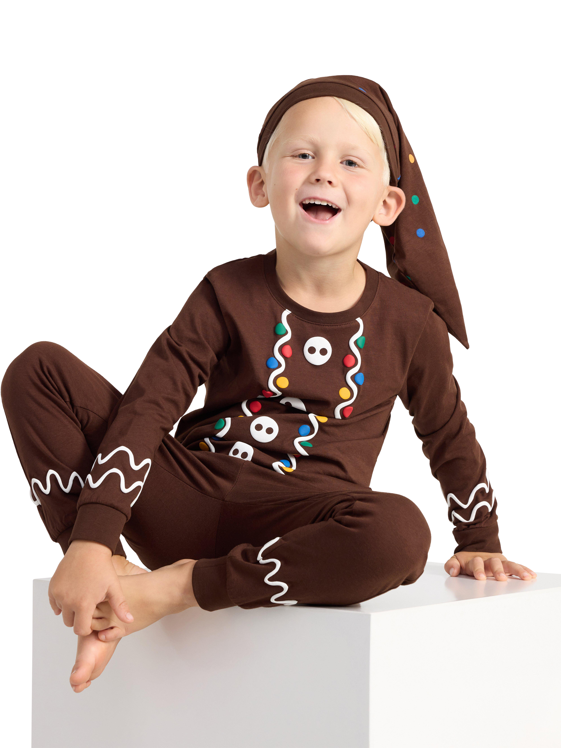 Lindex Kids' Cotton Christmas Gingerbread Man Pyjamas & Hat, Dark Brown