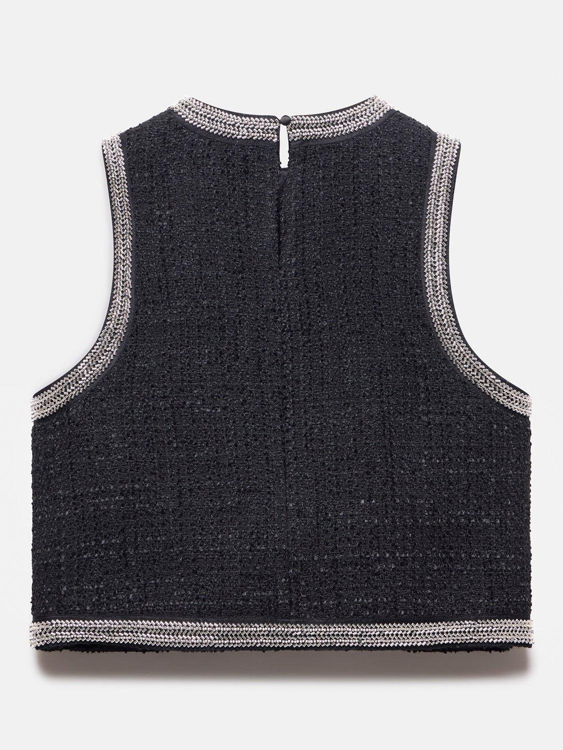 Mint Velvet Metallic Beaded Trim Boucle Top, Black