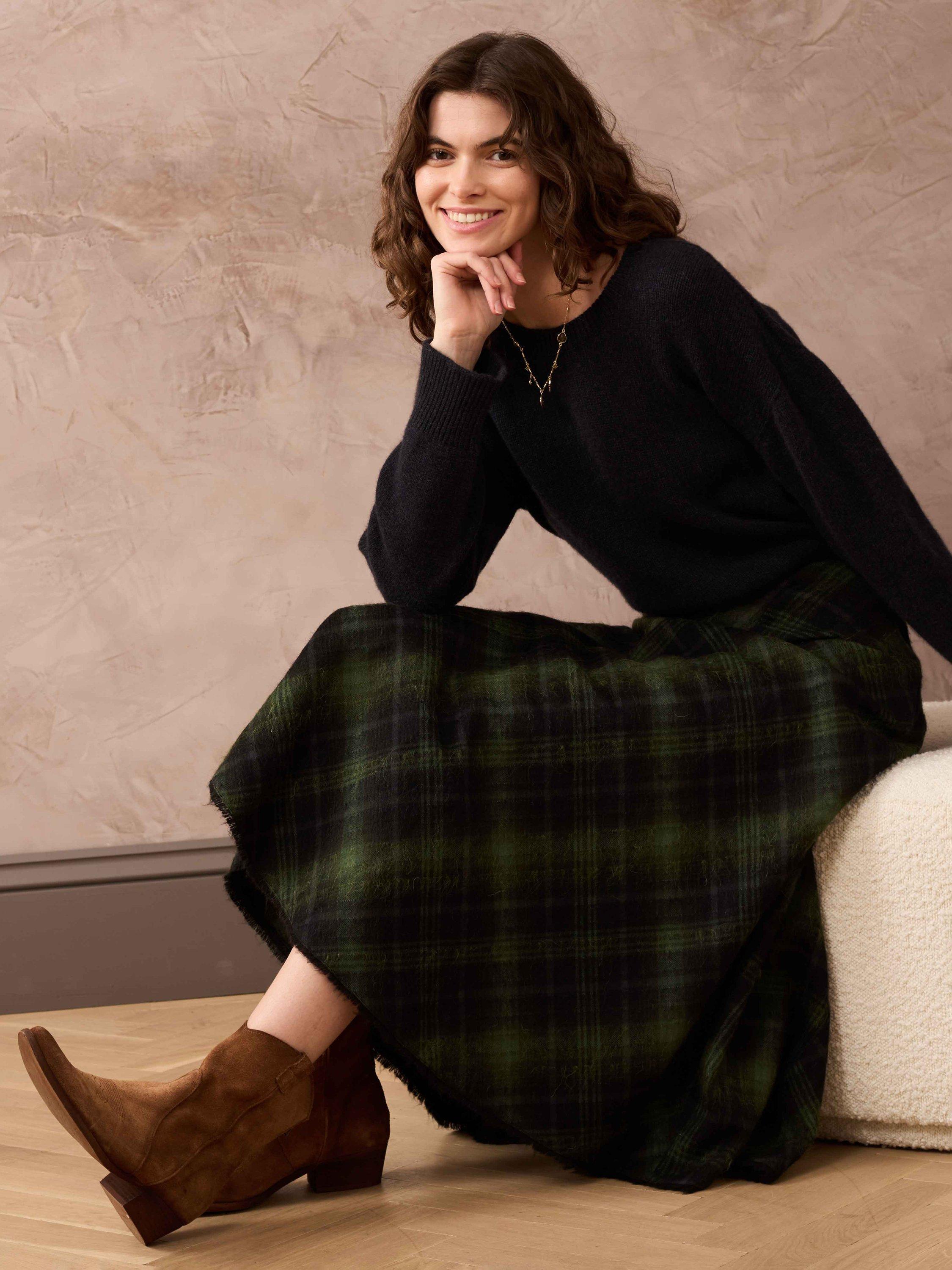 Brora Plaid Check Wool Rich Skirt, Black/Thyme