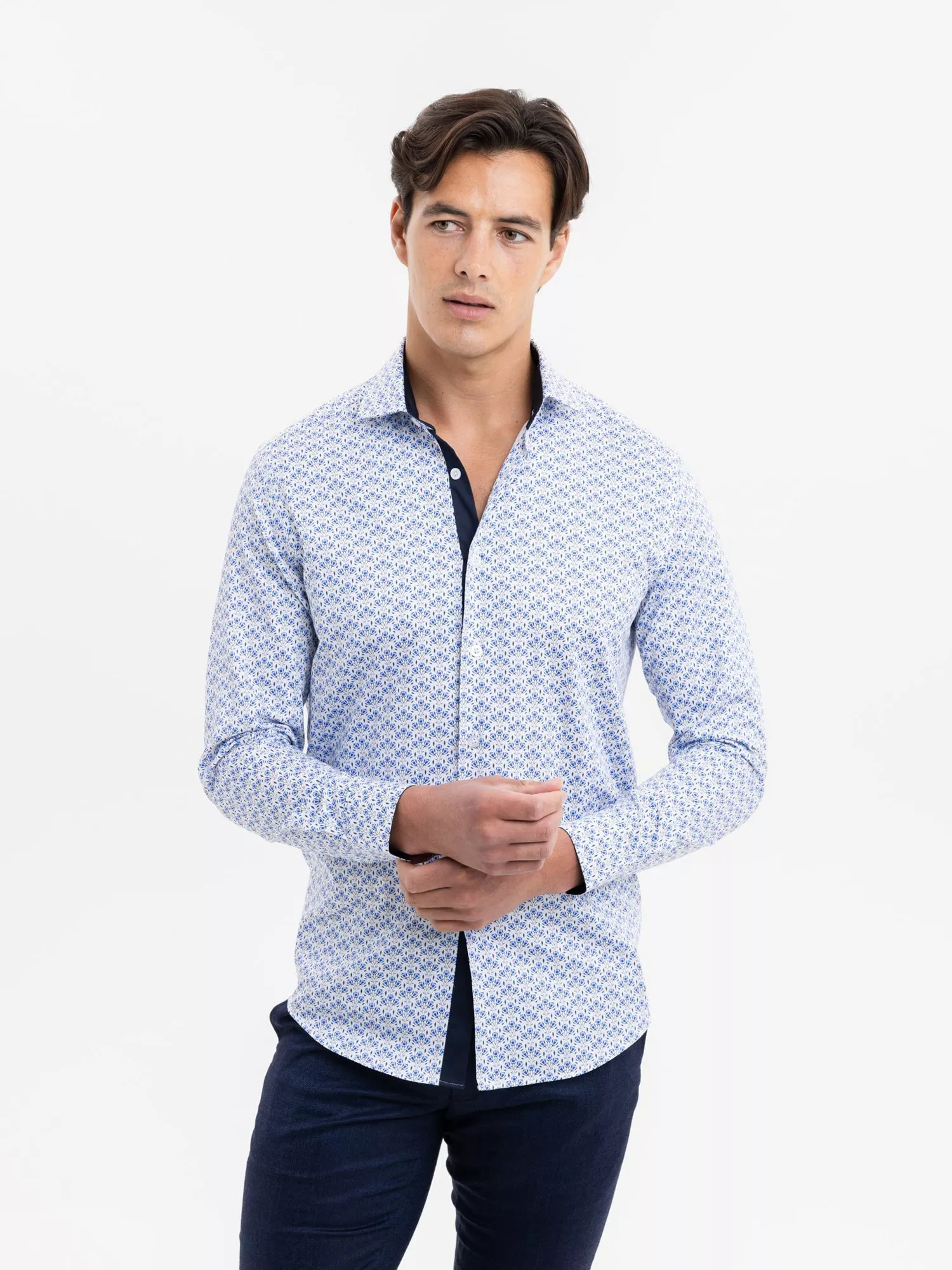 Blake Mill Cutaway Collar Botanic Geo Print Tailored Fit Shirt, Blue ...