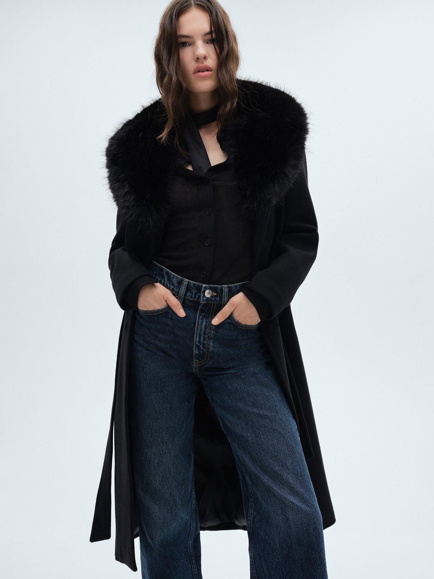 Mango Fer Faux Fur Collar Coat Black