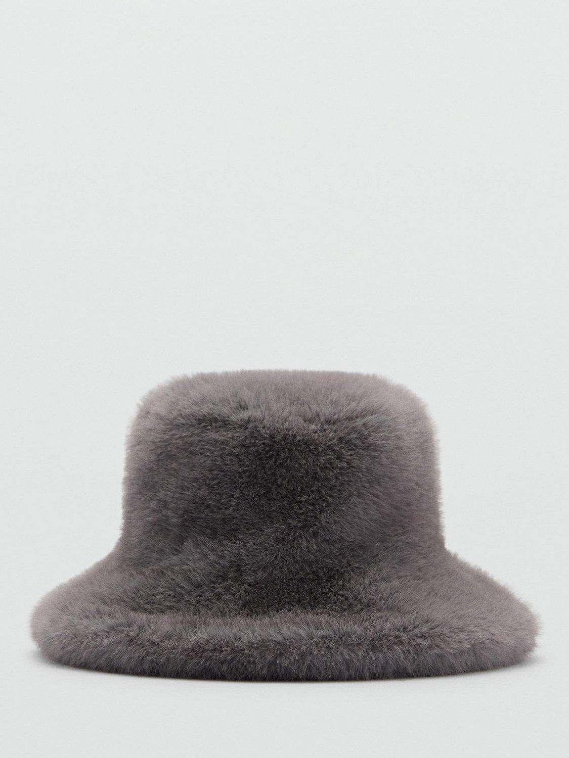 Mango Chessy Faux Fur Bucket Hat, Grey