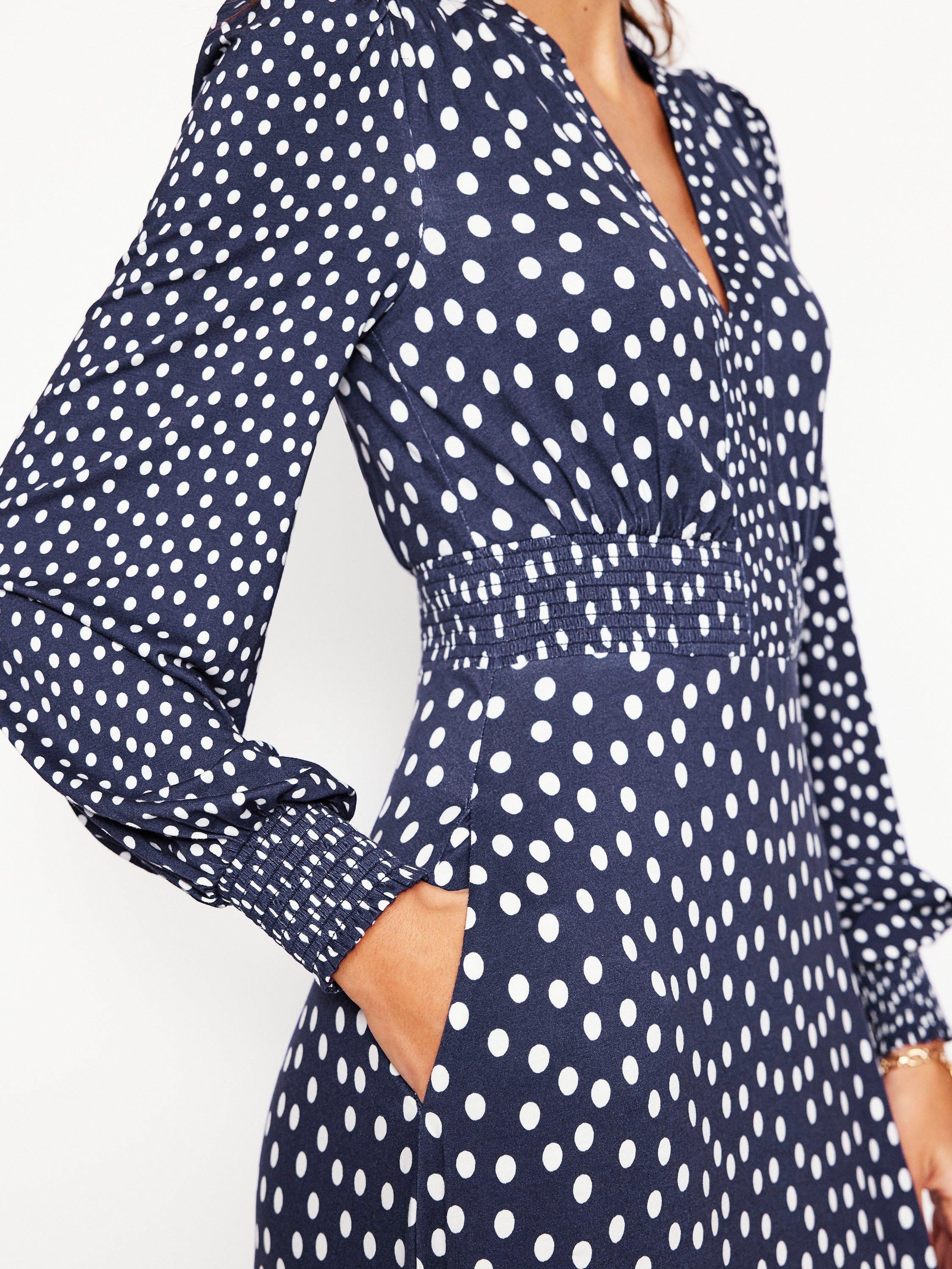 Boden Ivy Polka Dot Smocked Midi Dress, Navy/Multi, 8
