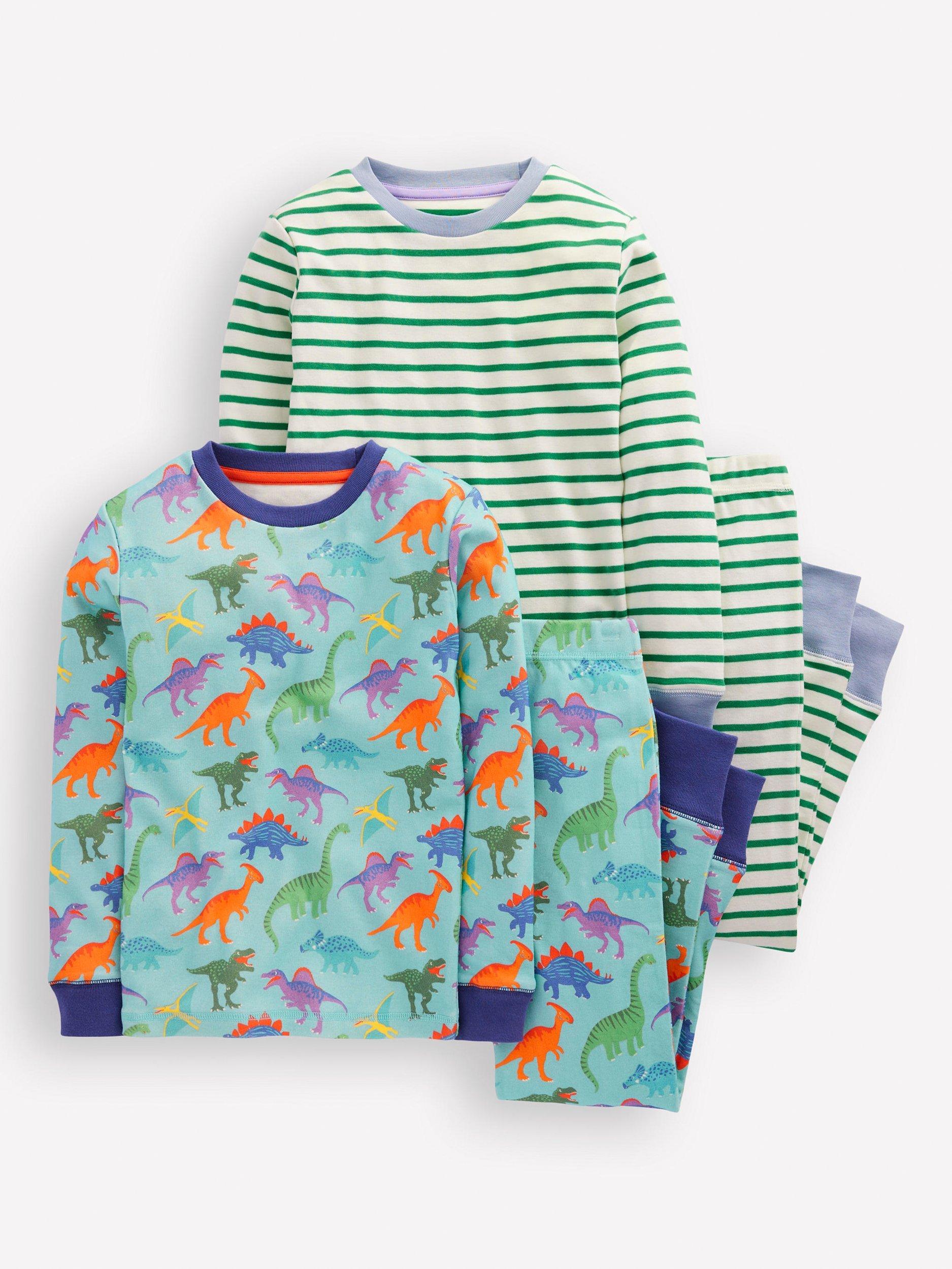 Mini Boden Kids' Cotton Dinosaur & Stripe Snug Long John Pyjamas, Pack ...