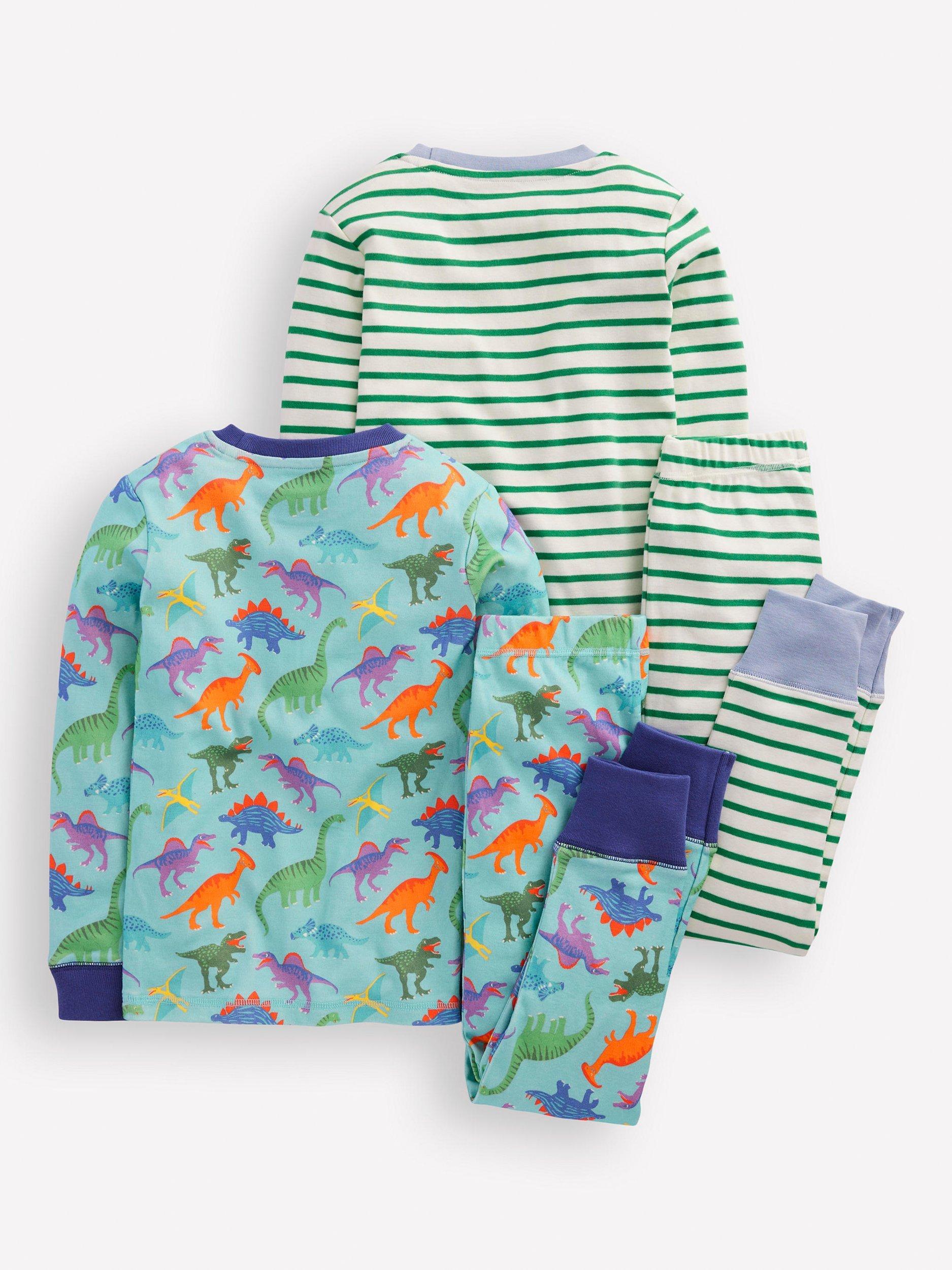 Mini Boden Kids' Cotton Dinosaur & Stripe Snug Long John Pyjamas, Pack ...
