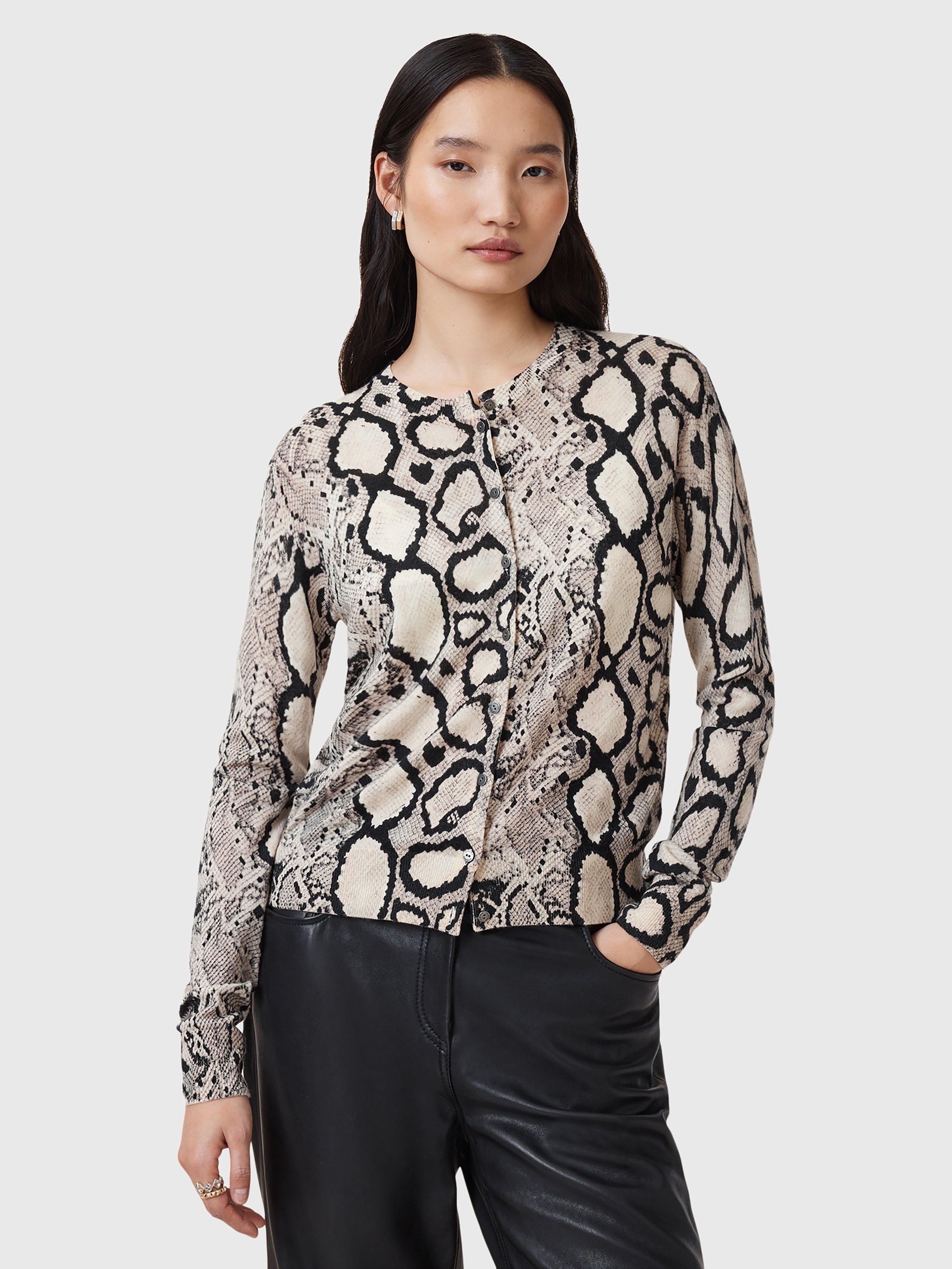 AllSaints Anouk Snake Print Pure Wool Cardigan, White/Multi