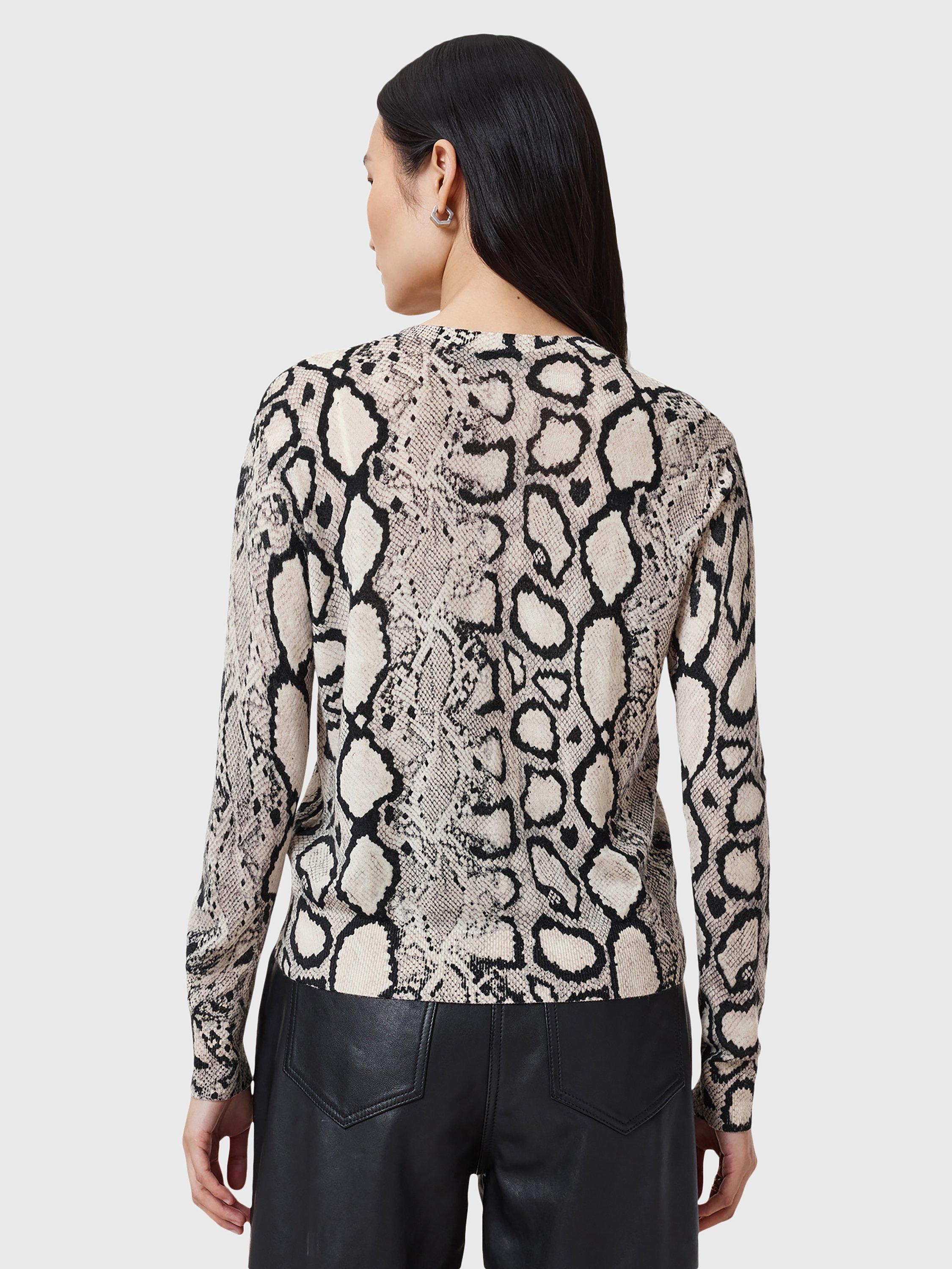 AllSaints Anouk Snake Print Pure Wool Cardigan, White/Multi