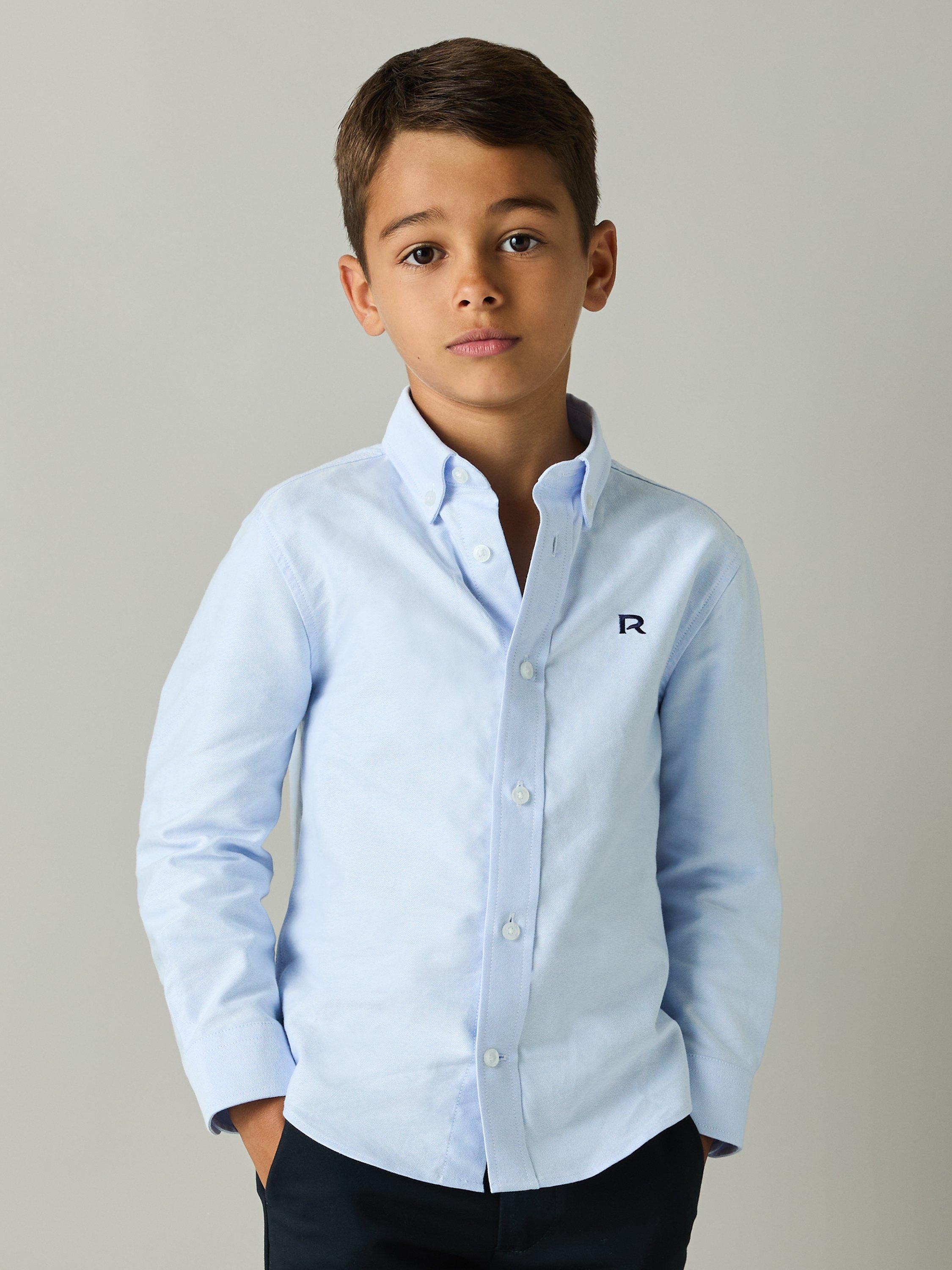 Reiss Kids' Benton Cotton Regular Fit Logo Shirt, Soft Blue/Navy