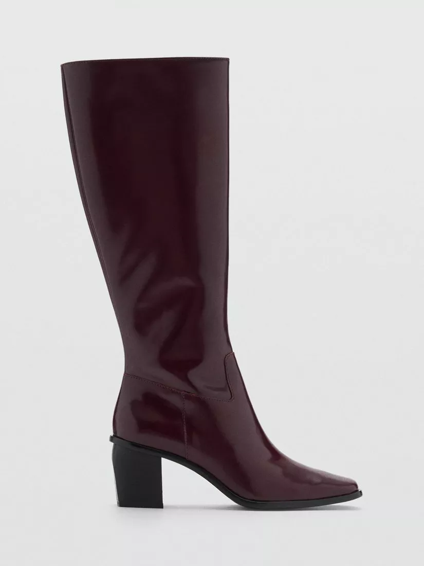Mango Khalie Patent Leather Knee High Boots, Dark Red