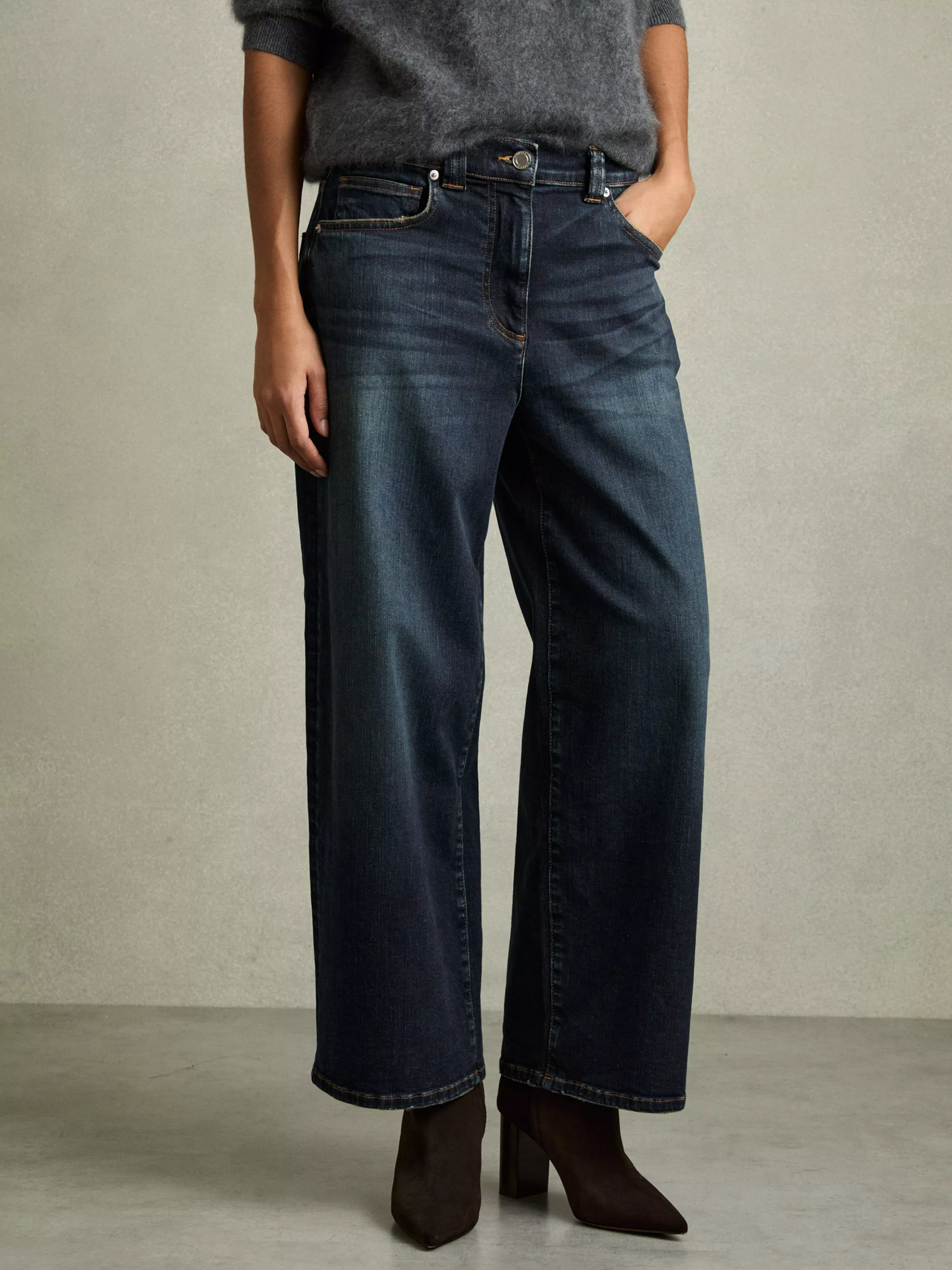 Reiss Petite Myrtle Mid Rise Wide Leg Jeans, Dark Blue