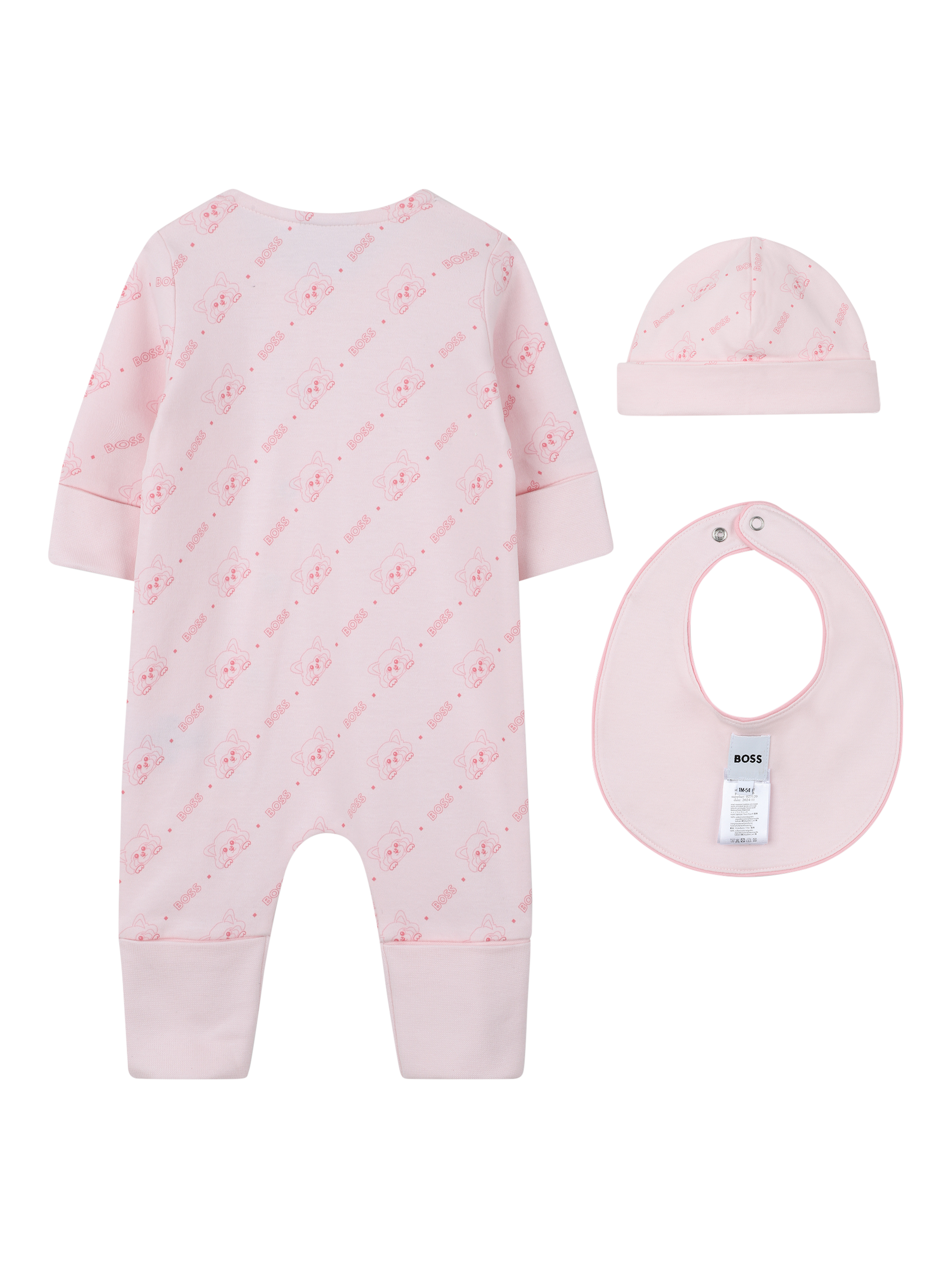 HUGO BOSS Baby Cotton Pyjama and Beanie Hat Set, Pink Pale