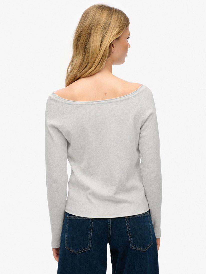 Superdry Bardot Off Shoulder Pure Organic Cotton Top, Iced Grey Marl
