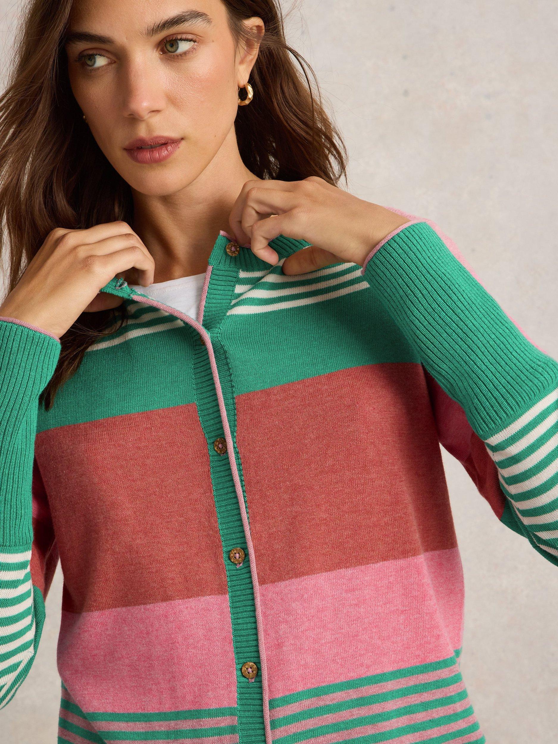 White Stuff Lulu Stripe Pure Organic Cotton Cardigan Pinkmulti
