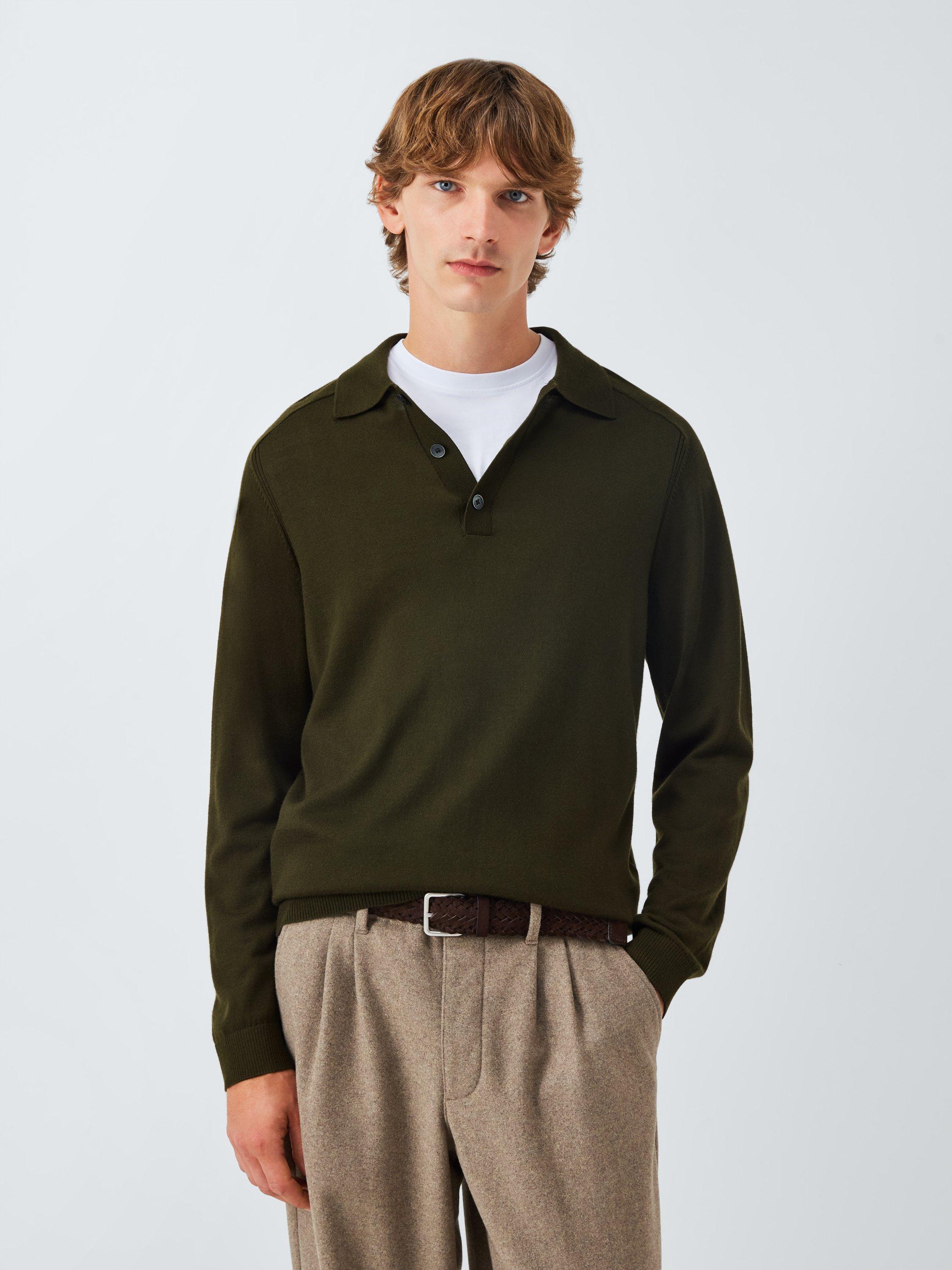 John Lewis Merino Wool Polo Shirt, Army Green, L