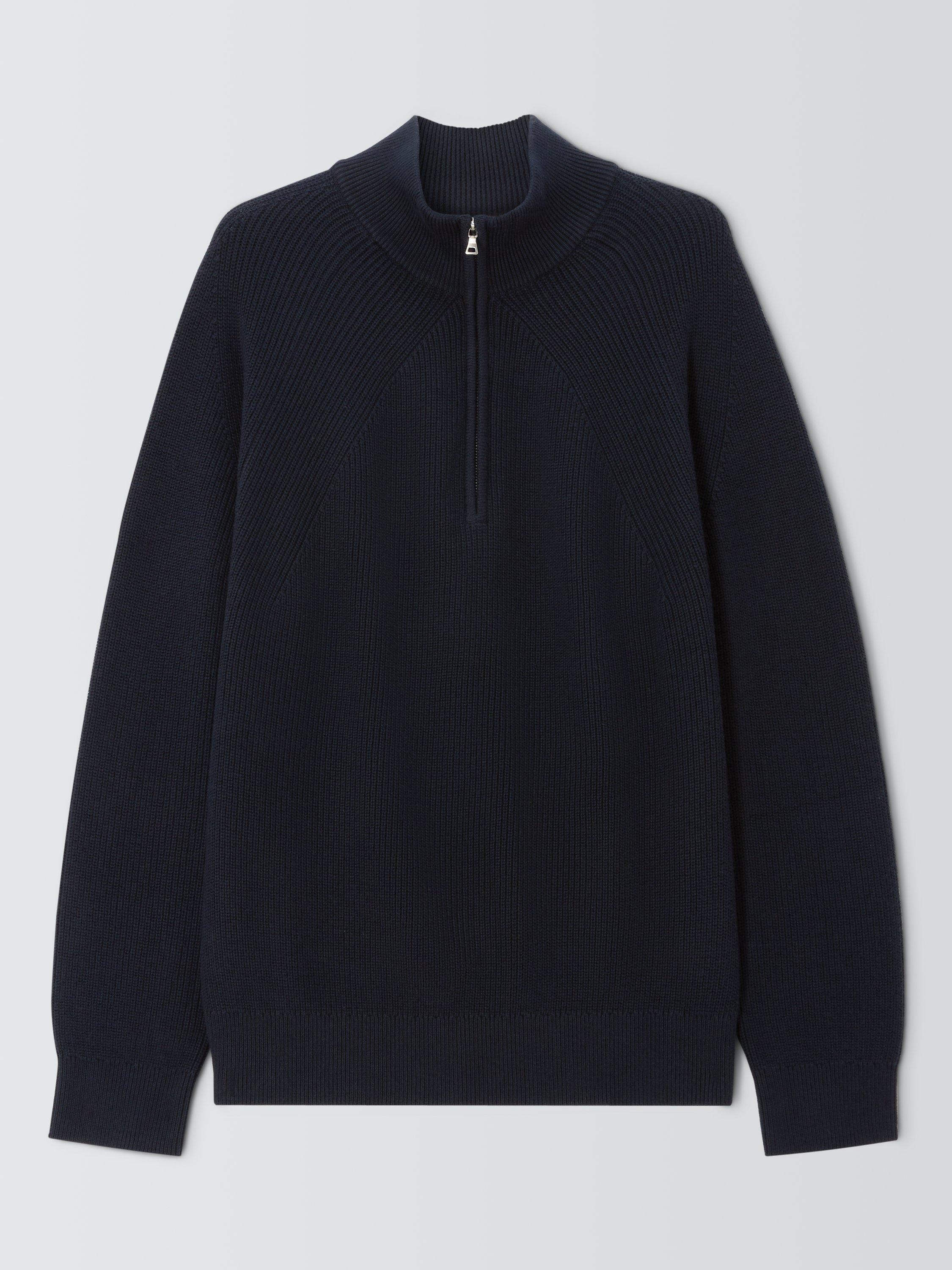 John Lewis Cotton Cashmere Half Zip Rib Knit High Neck Jumper, Neat Navy