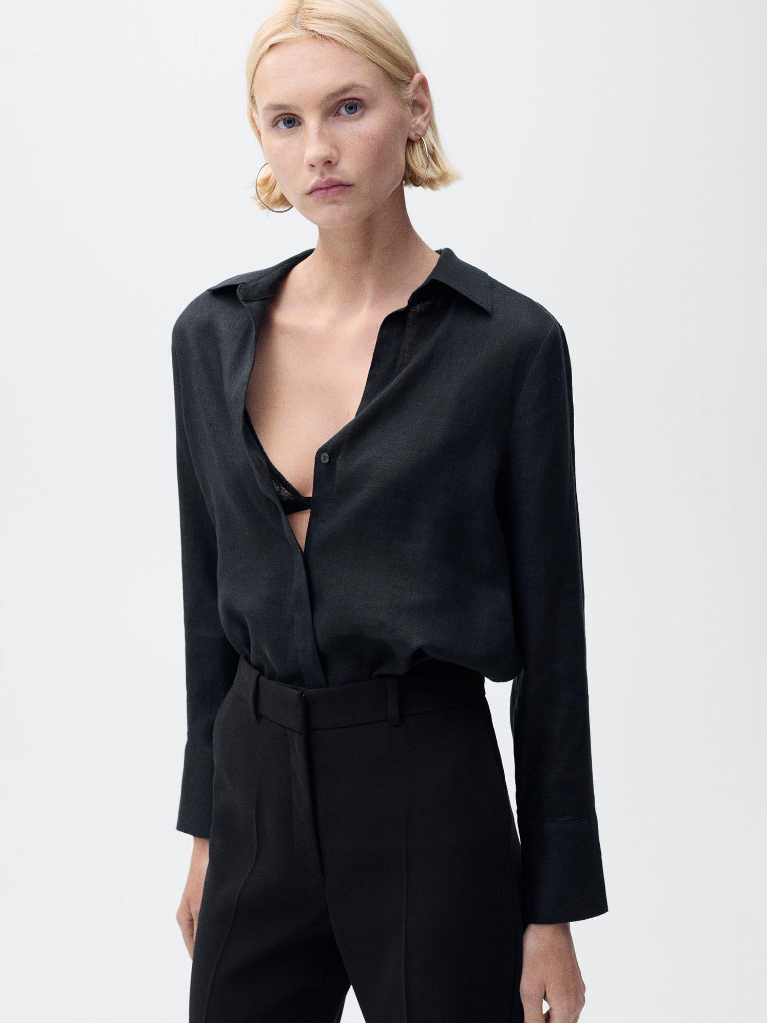 Mango Samara Long Sleeve Pure Linen Shirt, Black