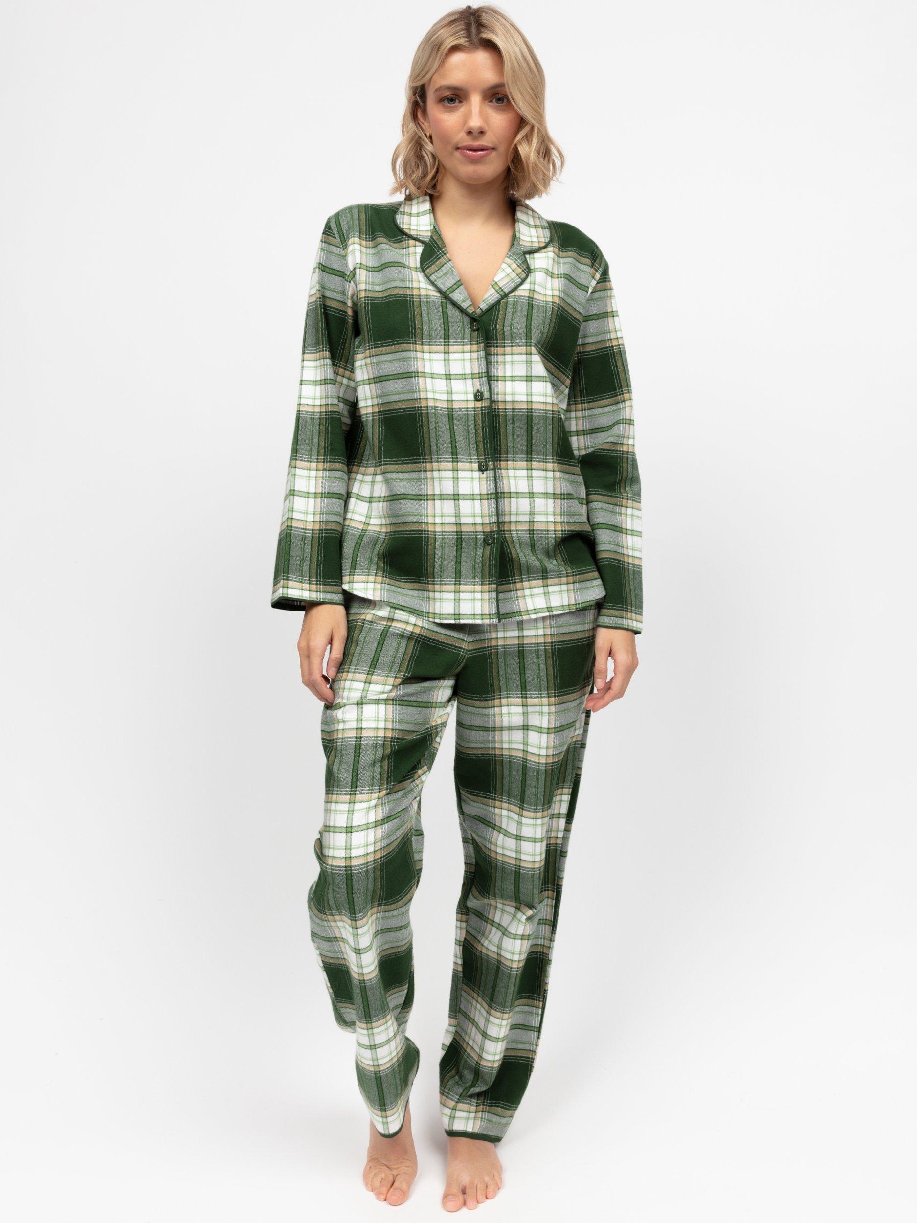 Cyberjammies Fern Check Brushed Cotton Long Pyjama Set, Olive