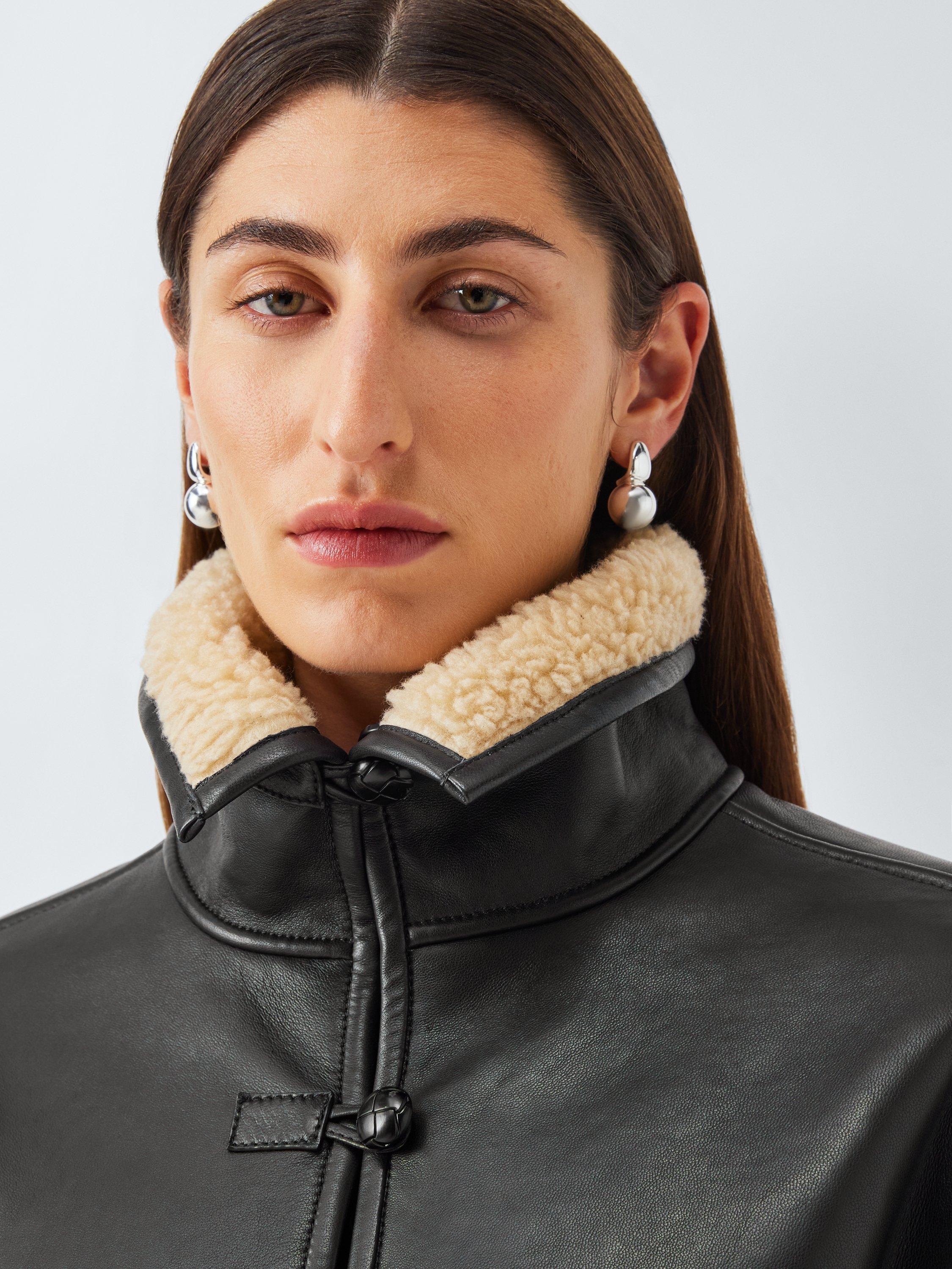 John Lewis Reversible Real Leather and Faux Shearling Jacket, Black/Beige