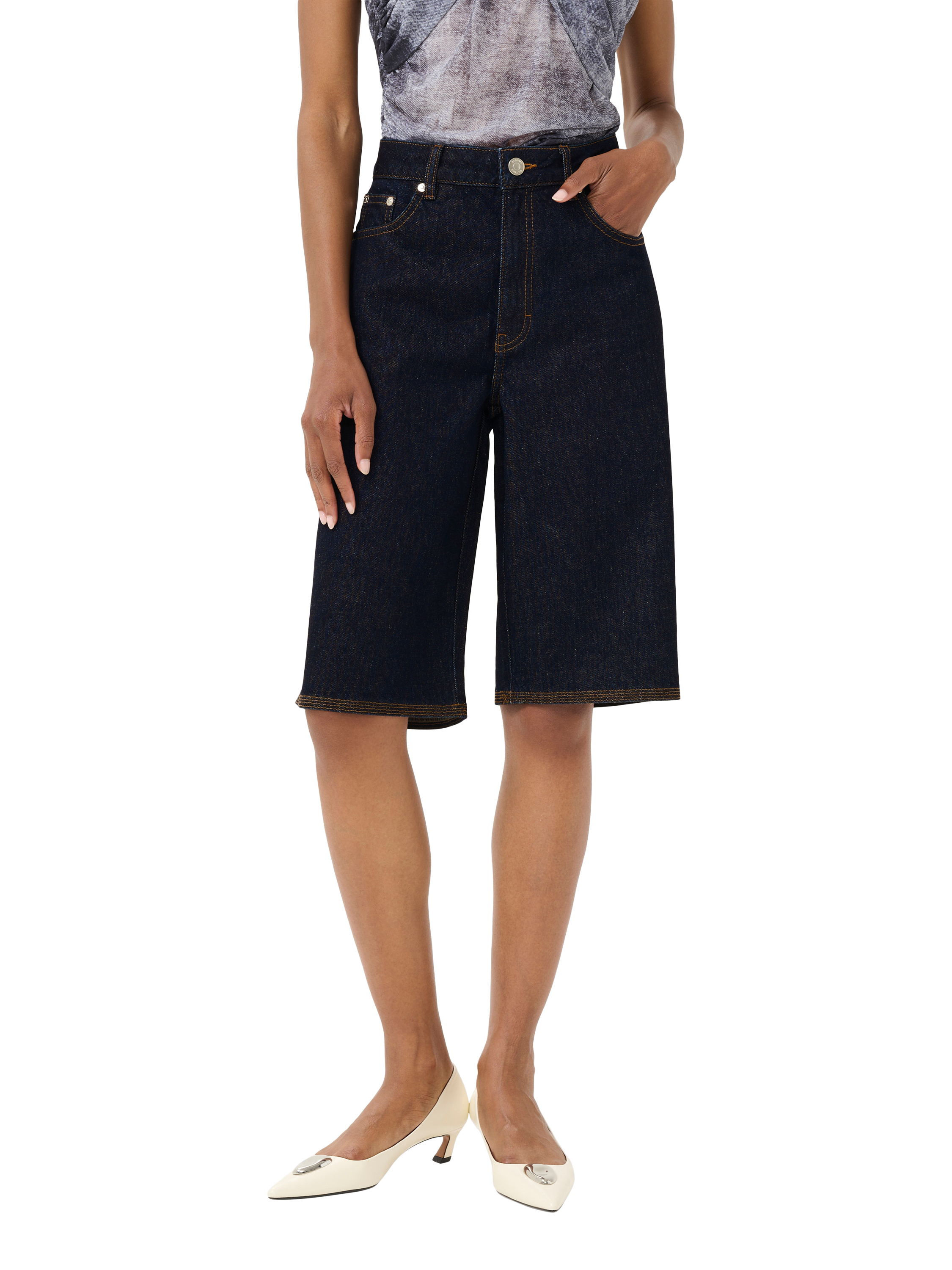 Gestuz Summer High Waisted Long Denim Shorts, Unwashed Denim