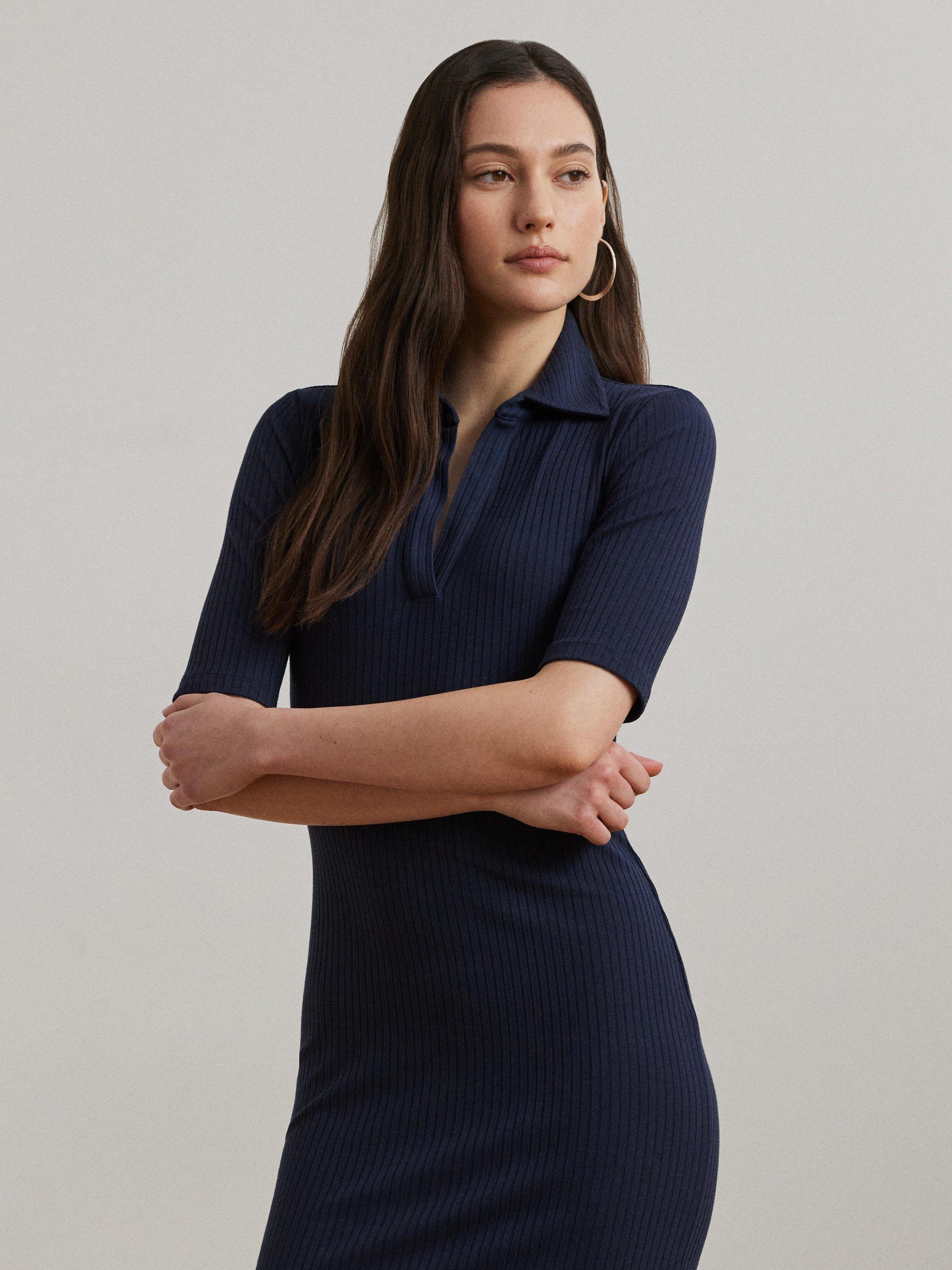 Lauren Ralph Lauren Vazarel Rib Knit Elbow Sleeve Polo Dress, Shadow Navy
