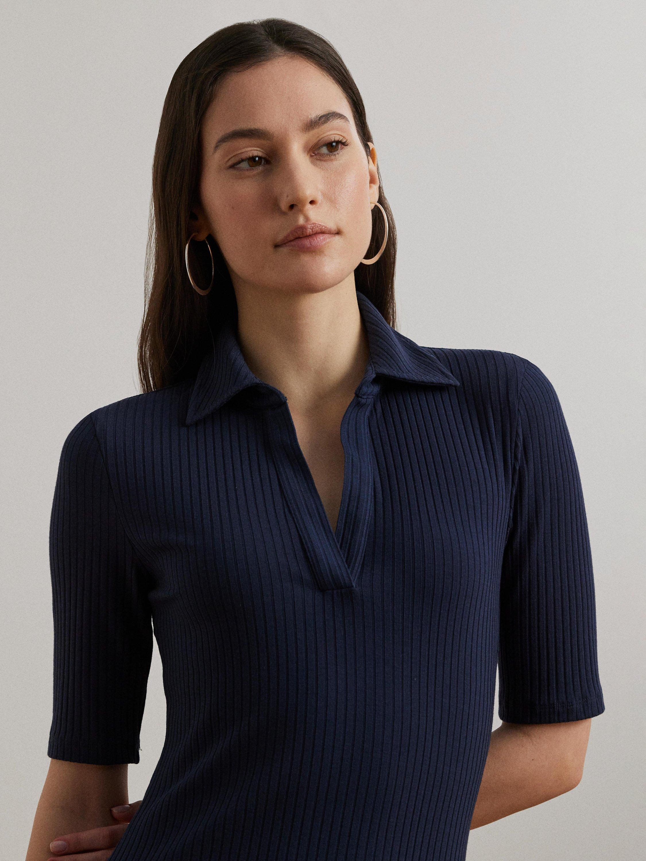 Lauren Ralph Lauren Vazarel Rib Knit Elbow Sleeve Polo Dress, Shadow Navy