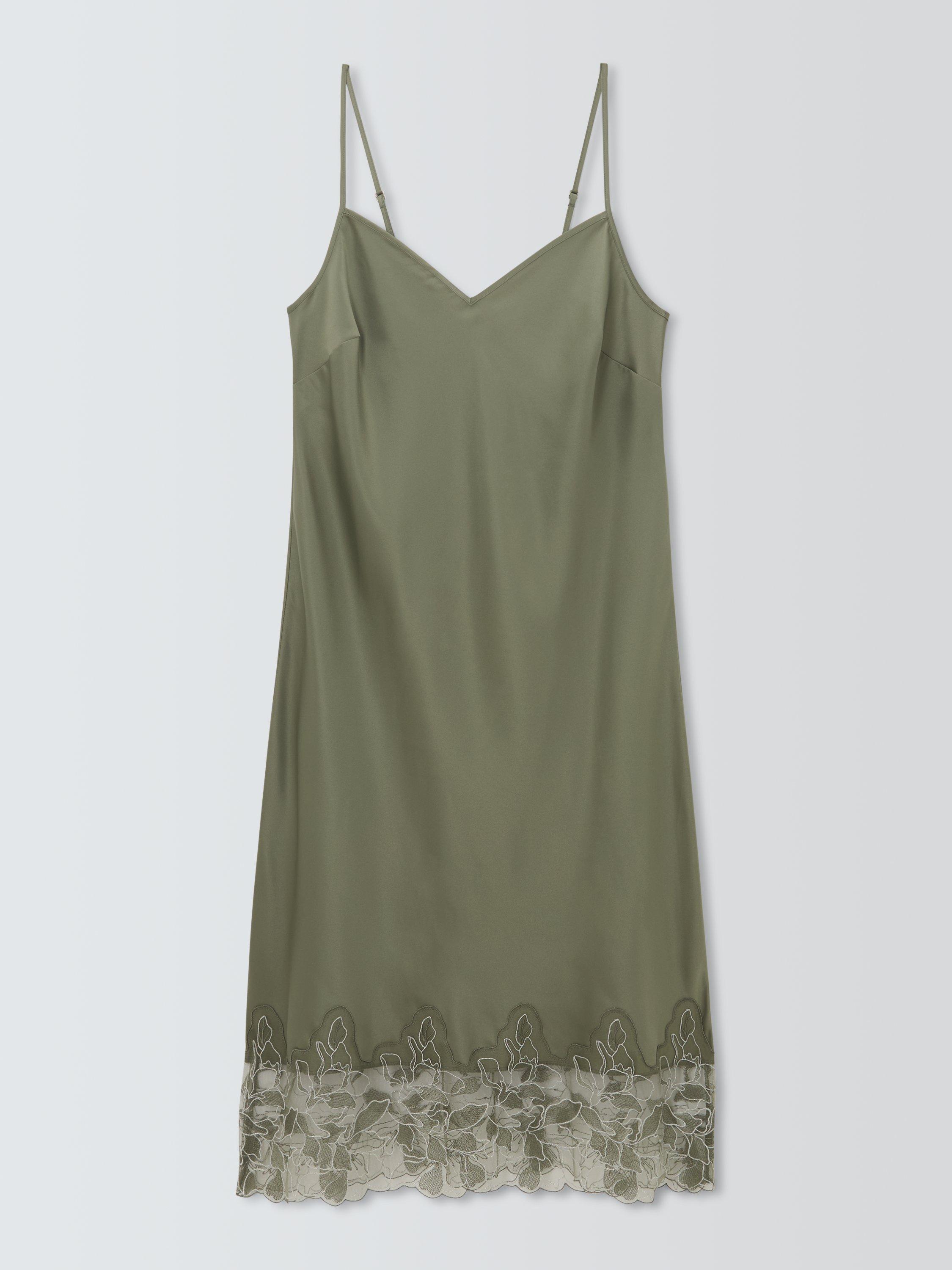 John Lewis Lace Trim Satin Chemise, Khaki