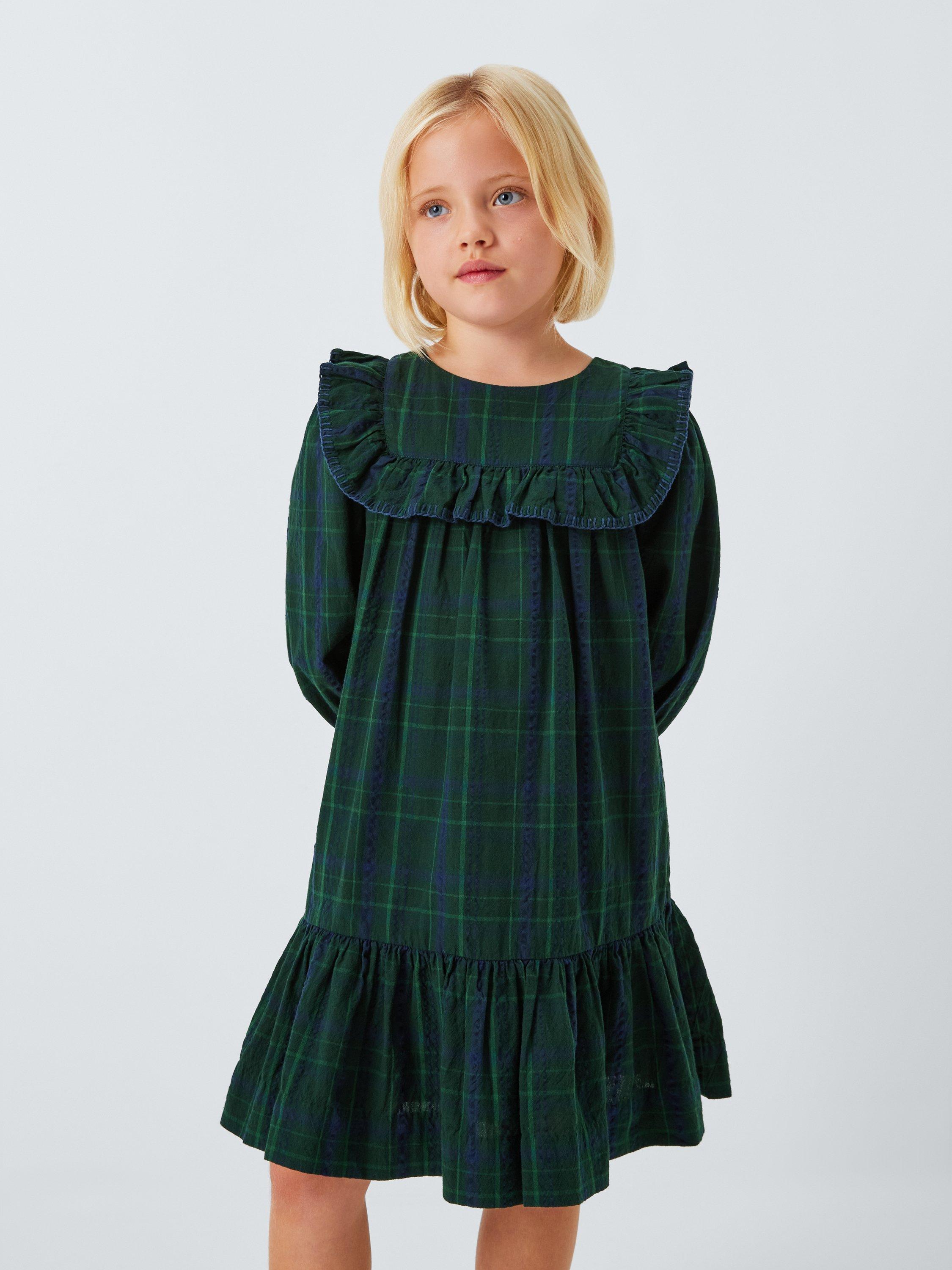 John Lewis Heirloom Collection Kids' Tartan Check Ruffle Dress, Scarab ...