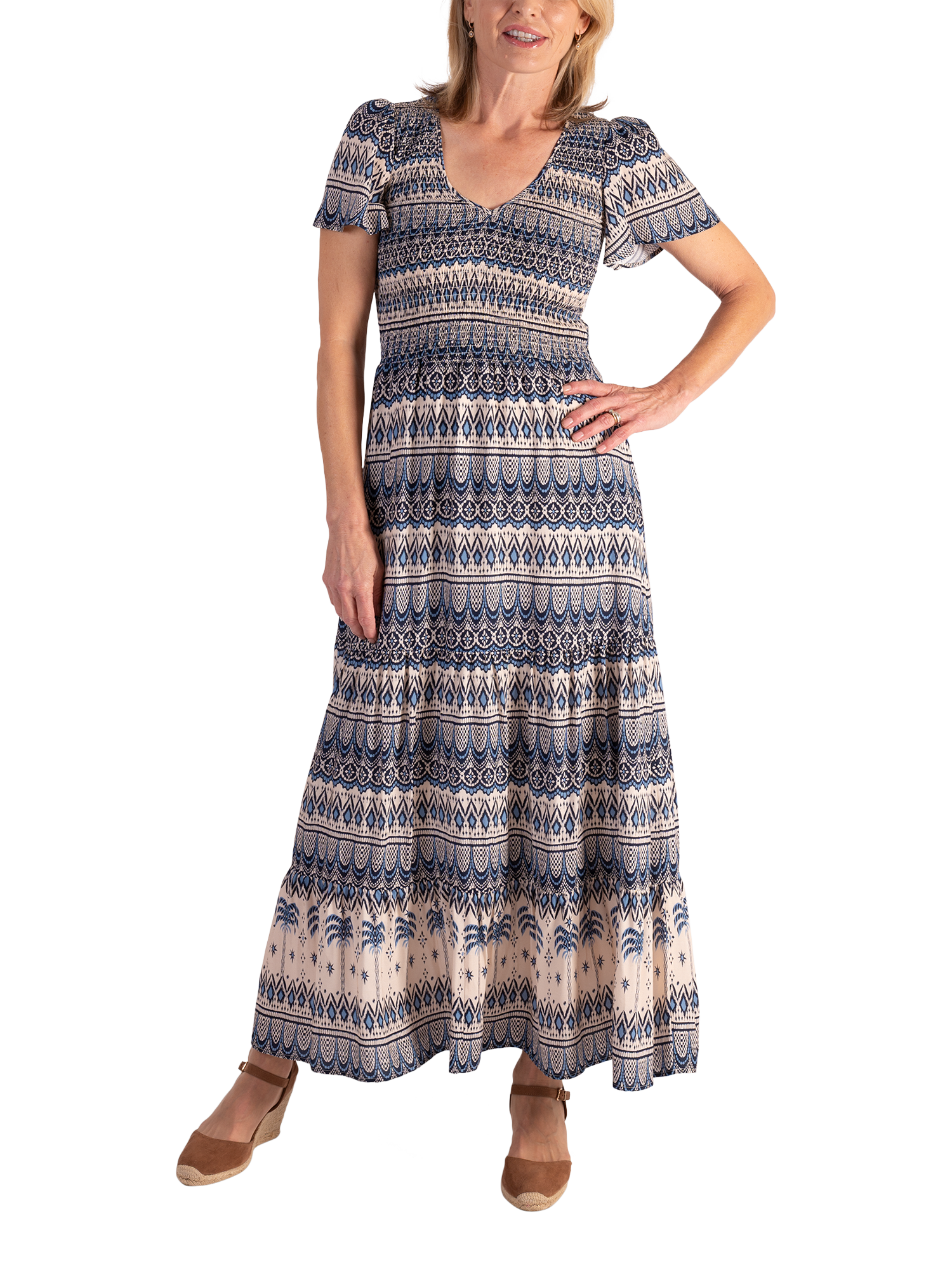 chesca Tropical Geometric Tiered Maxi Dress, Blue/Multi