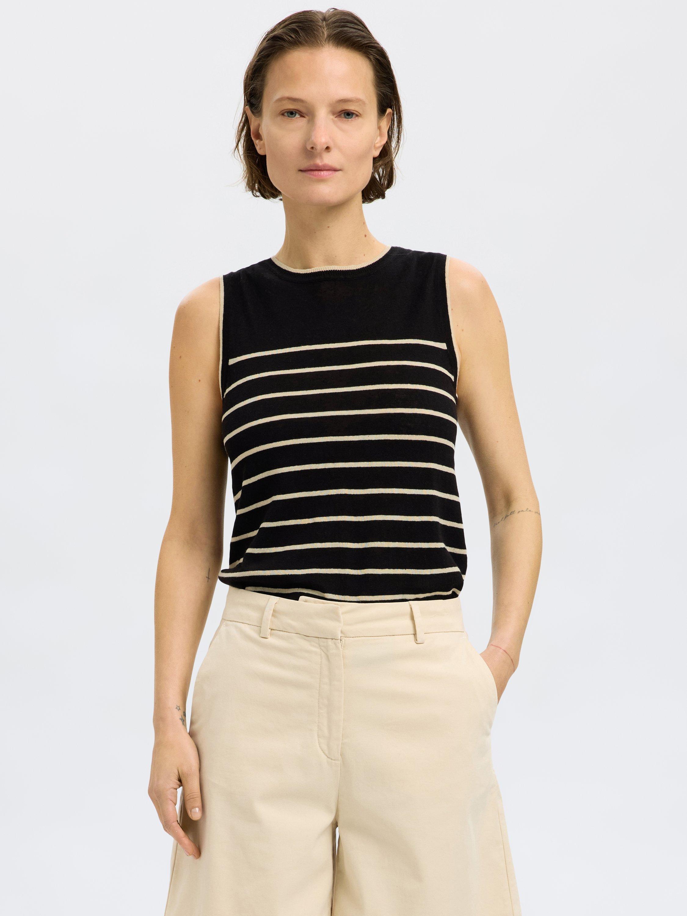 SELECTED FEMME Sleeveless Striped Cotton Linen Knit Top, Black