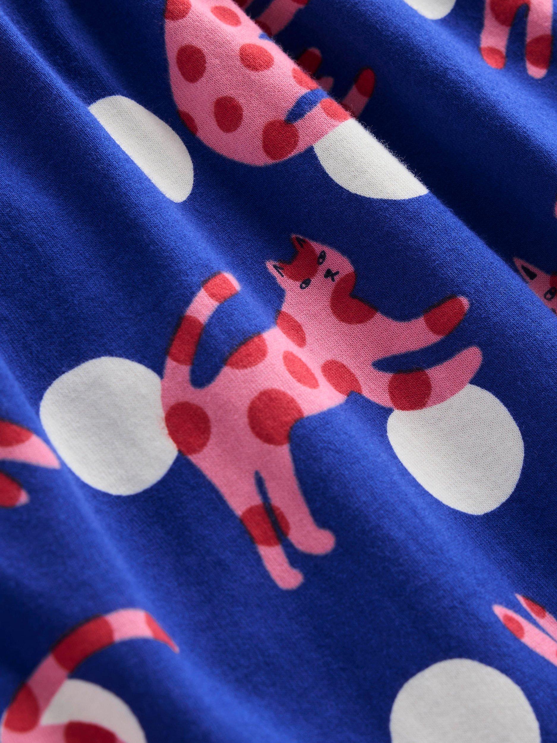 Mini Boden Kids' Posie Cotton Frill Sleeve Dress, Blue Spotty Cats