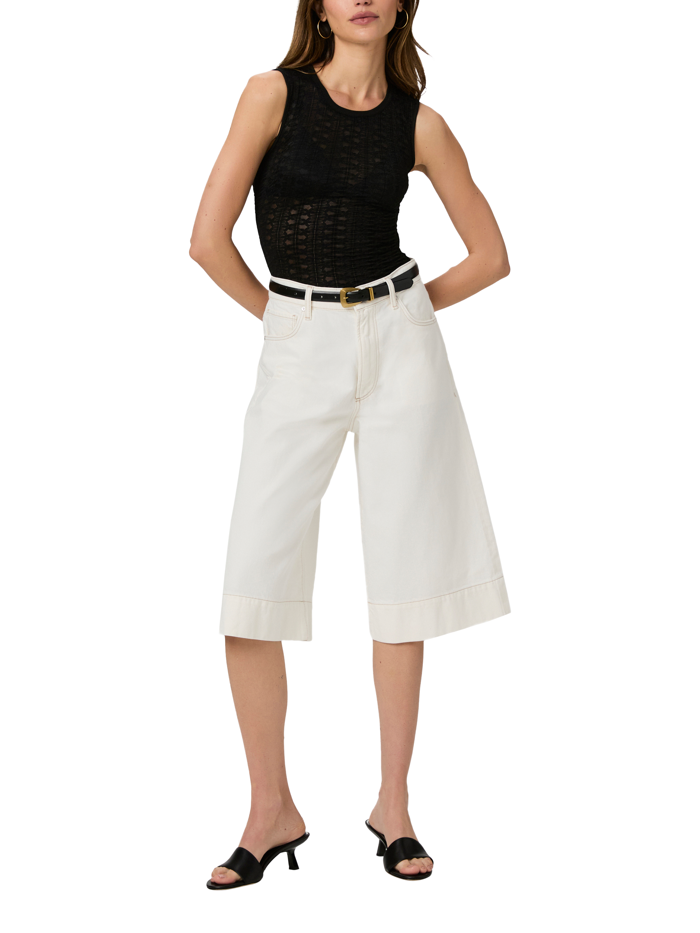 PAIGE Eva Contrast Seam Long Denim Shorts, White