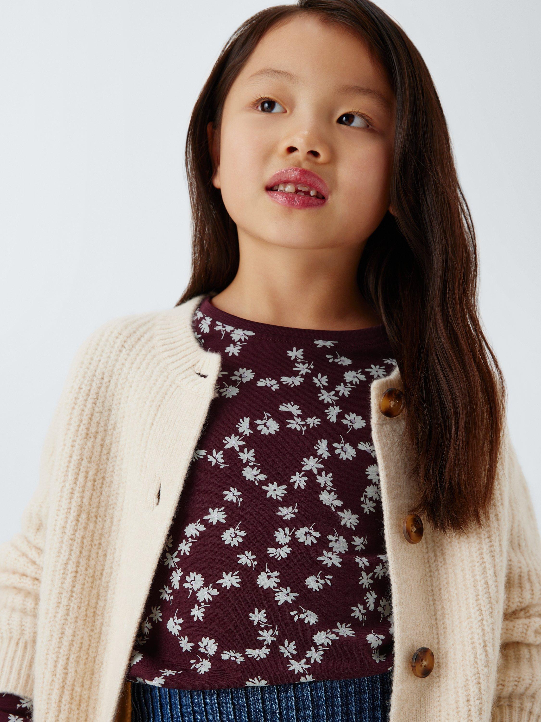 John Lewis Kids' Floral Stripe Ruffle Jersey Tops, Pack of 3, Berry, Navy