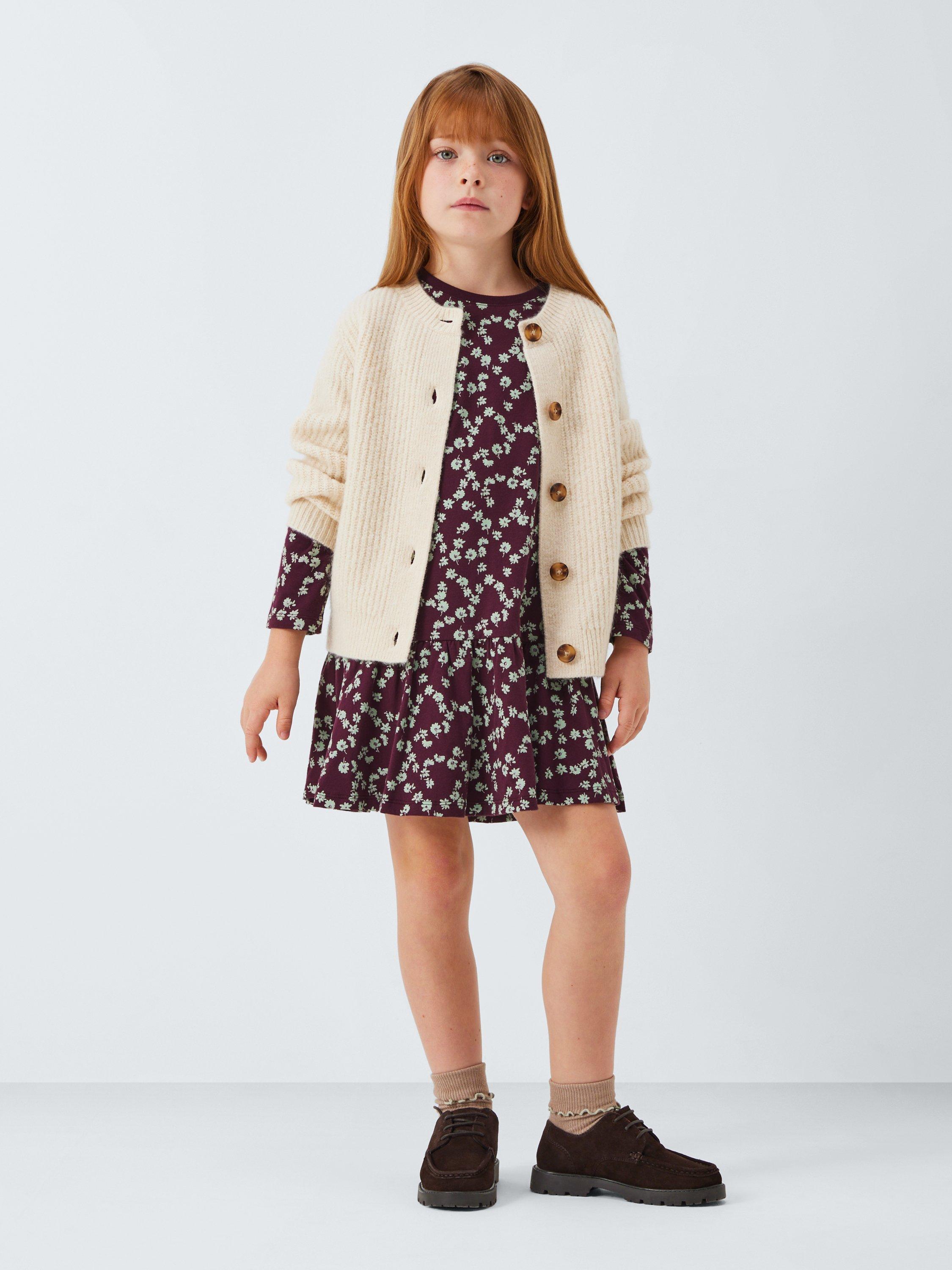 John Lewis Kids' Floral Jersey Smock Dress, Berry, Blue, 9 years