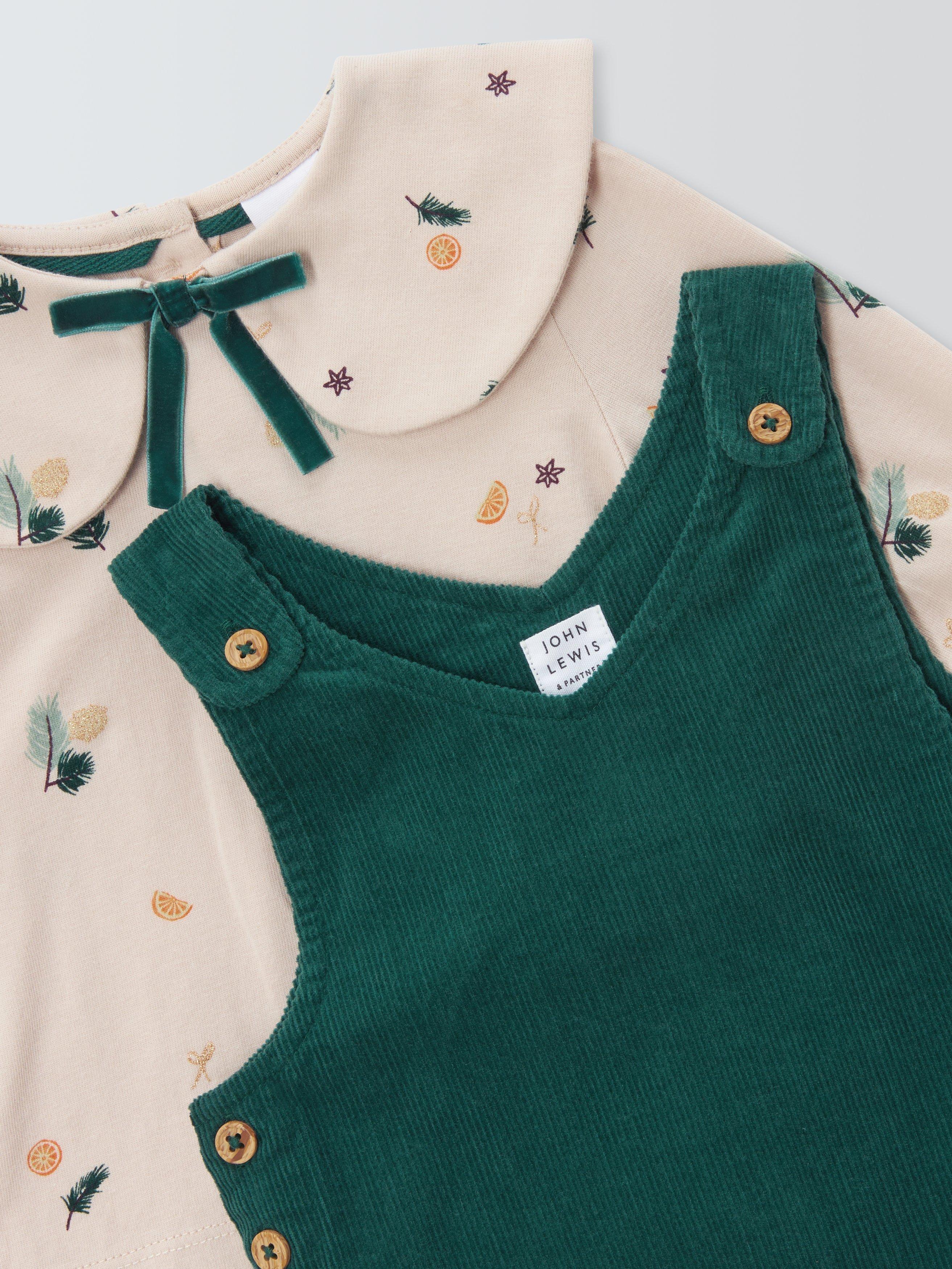 John Lewis Baby Corduroy Pinafore Dress & Long Sleeve Top Set, Green